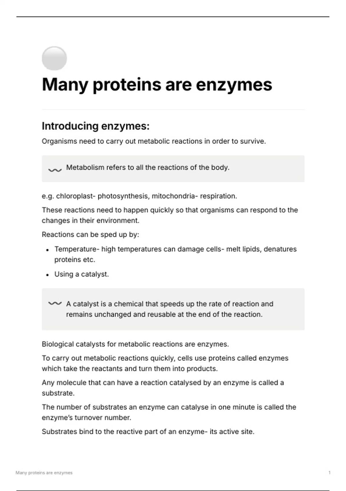 Summary AQA A Level Biology notes- Many proteins are enzymes Unit 1 ...