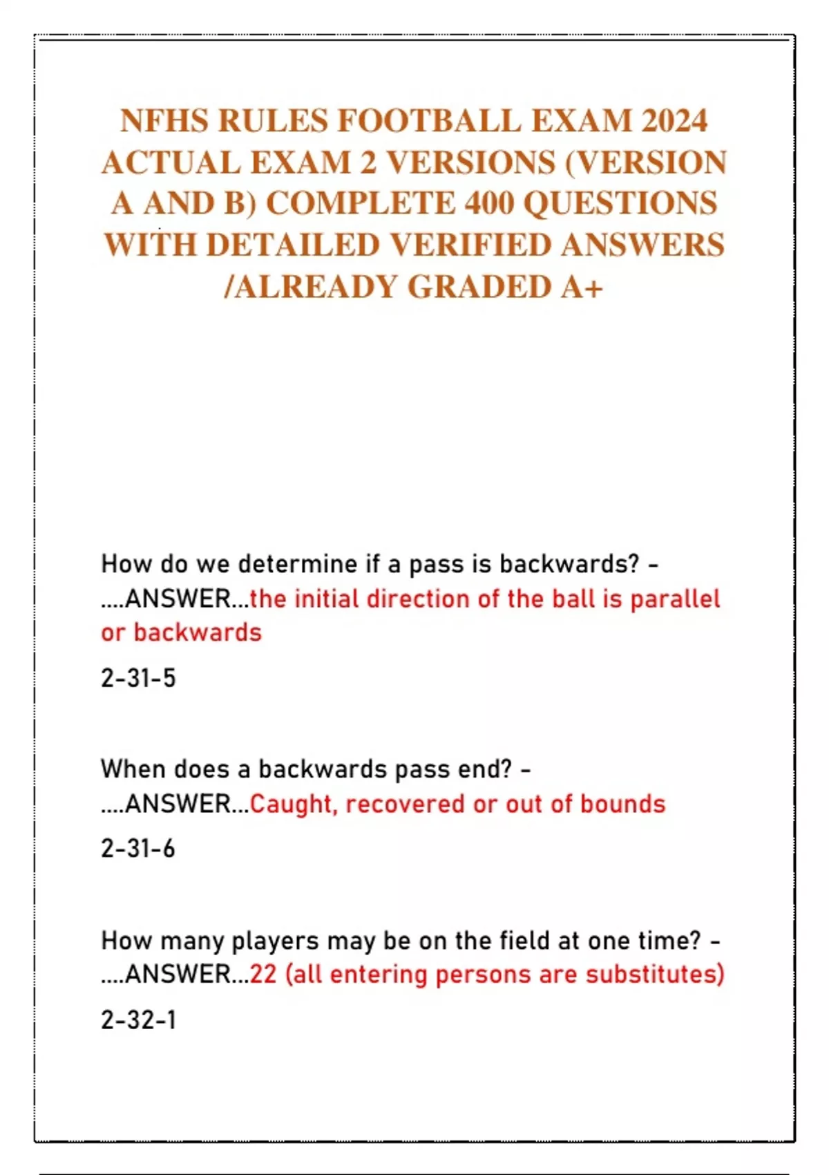 NFHS RULES FOOTBALL EXAM 2024 ACTUAL EXAM 2 VERSIONS (VERSION A AND B ...