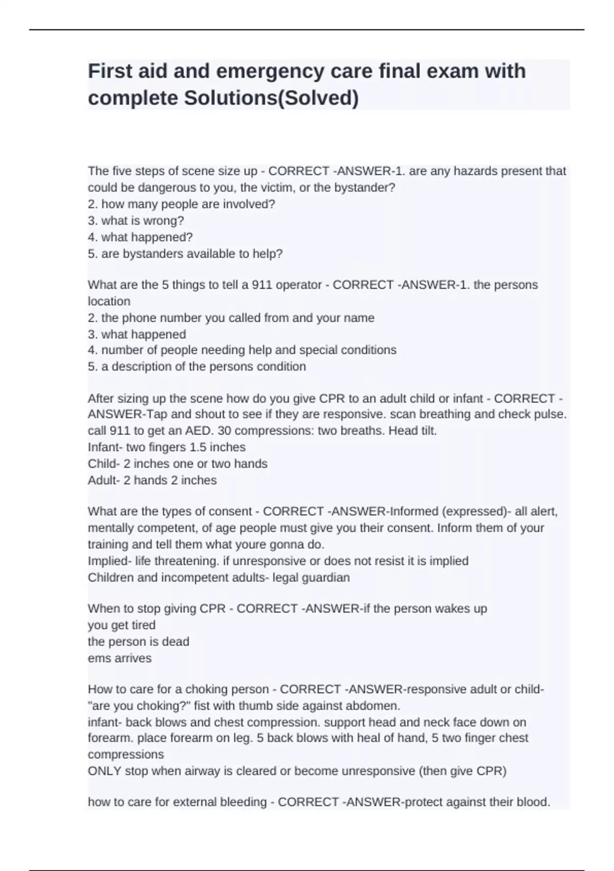 First aid and emergency care final exam with complete Solutions(Solved ...