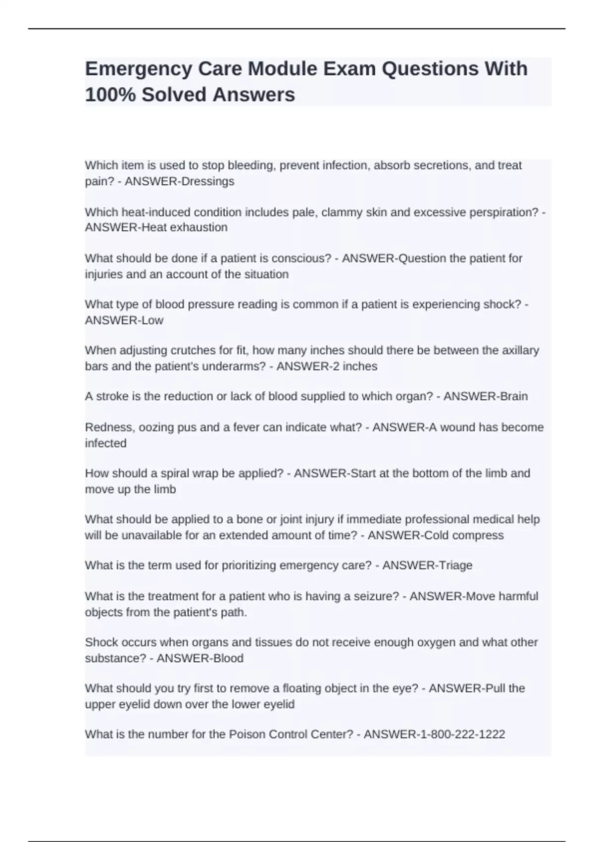 Emergency Care Module Exam Questions With 100% Solved Answers ...