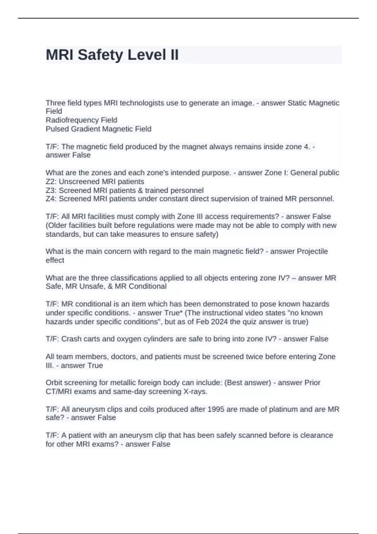 MRI Safety Level II Questions with Accurate - MRSO - Stuvia US