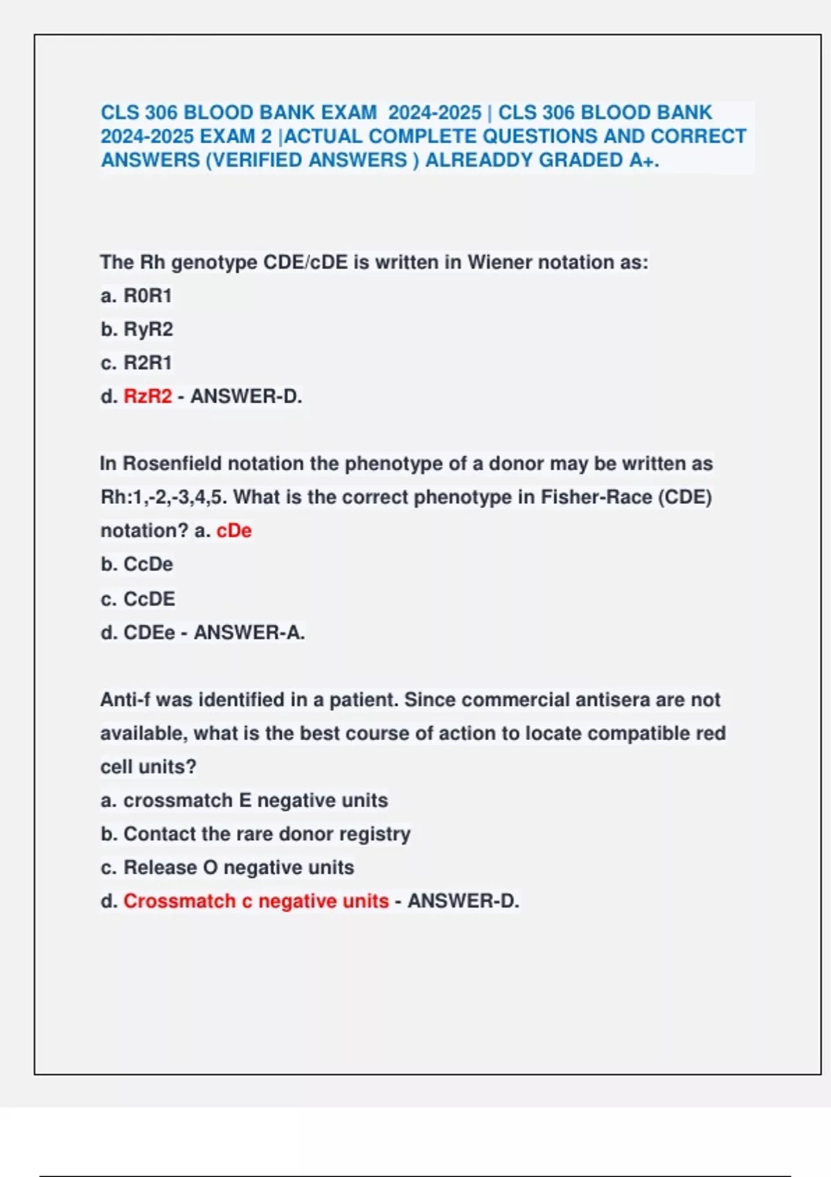 CLS 306 BLOOD BANK EXAM | CLS 306 BLOOD BANK EXAM 2 |ACTUAL COMPLETE ...