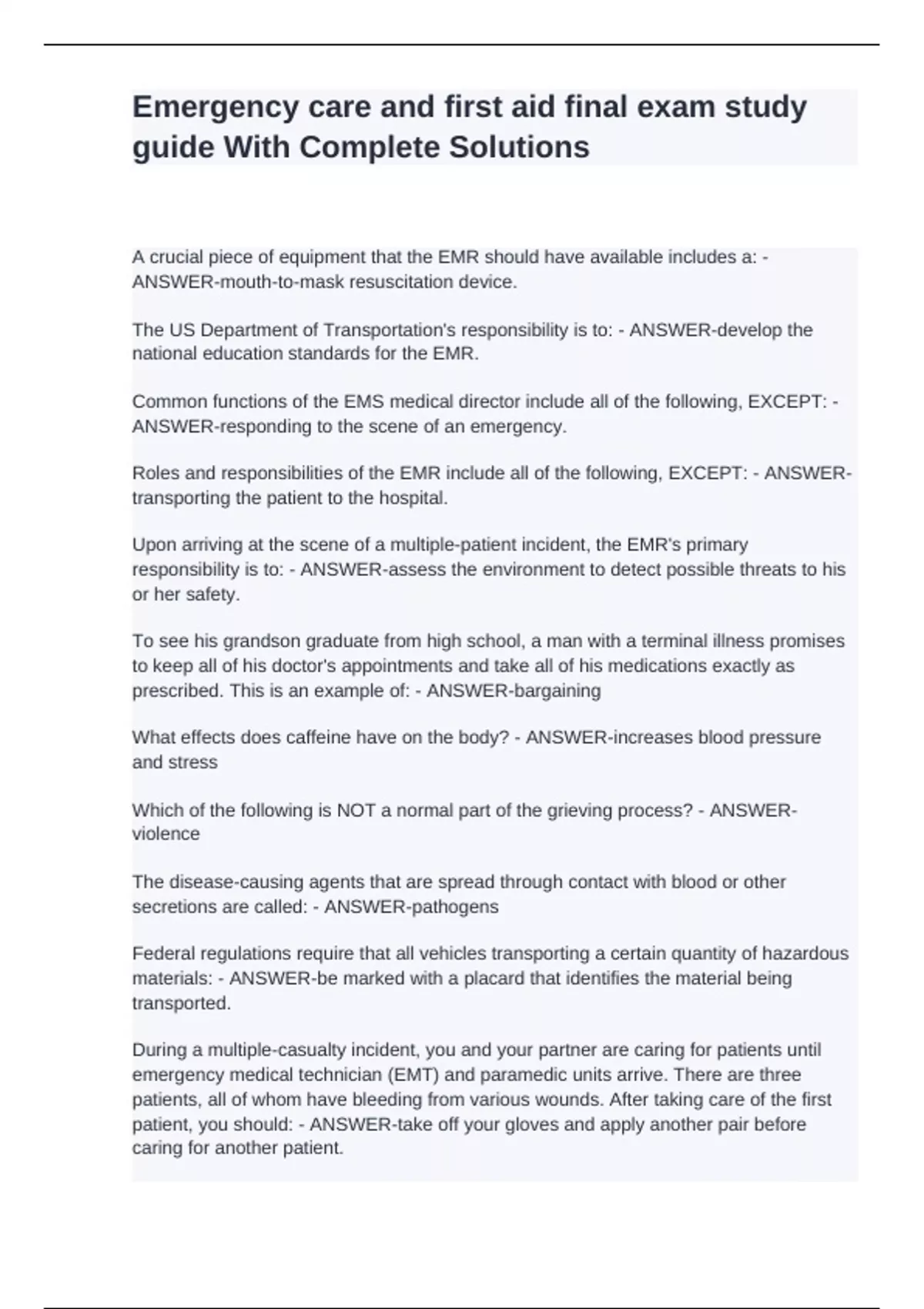 Emergency care and first aid final exam study guide With Complete ...