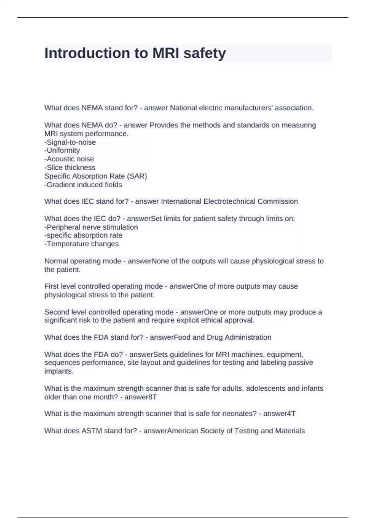 Introduction to MRI safety Questions with solutions - MRSO - Stuvia US