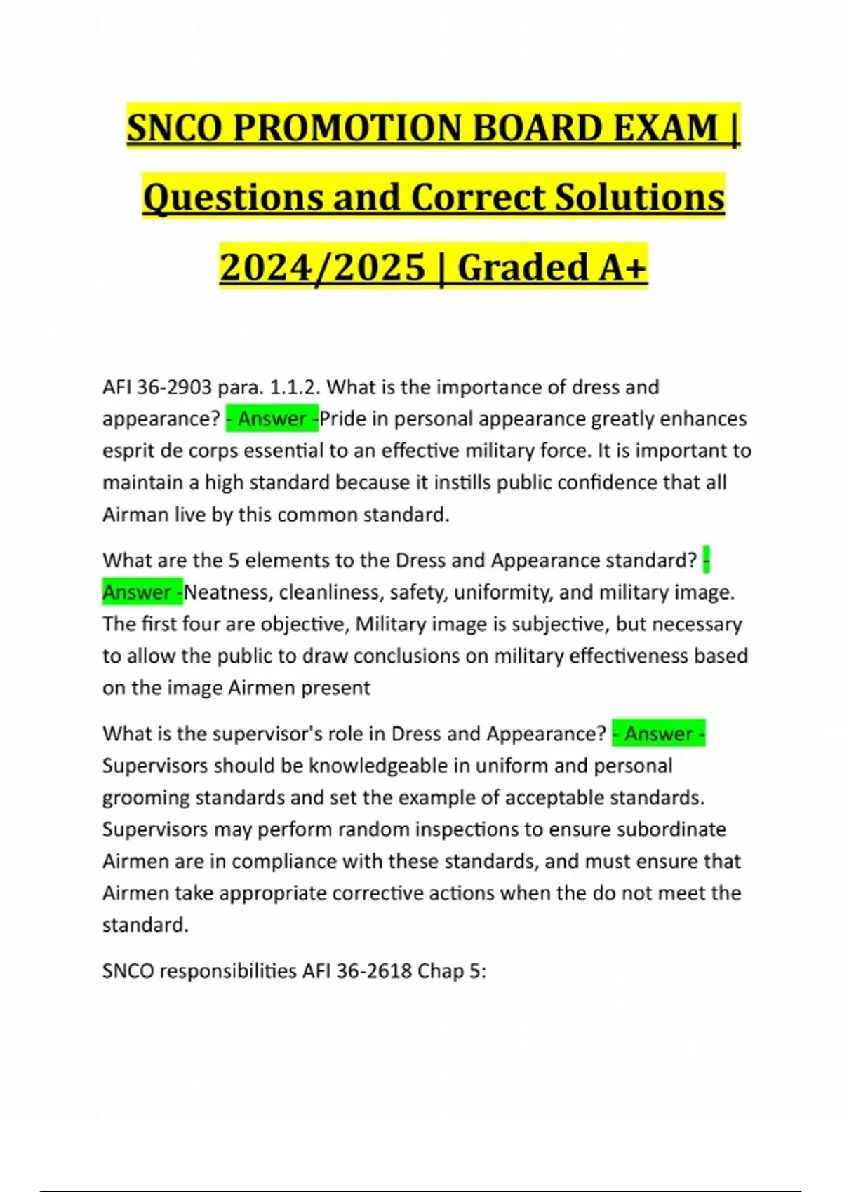 SNCO PROMOTION BOARD EXAM | Questions and Correct Solutions 2024/2025 ...