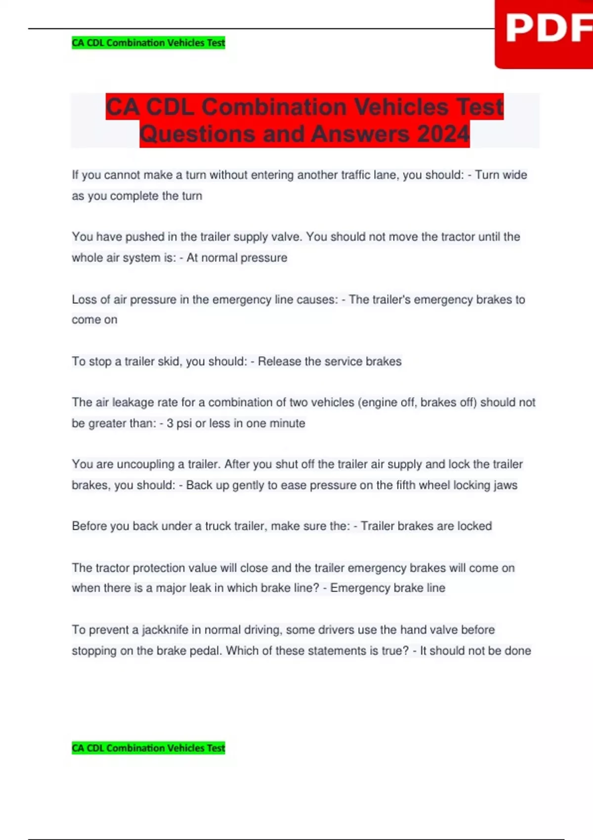 CA CDL Combination Vehicles Test Questions and Answers 2024 - CA CDL ...