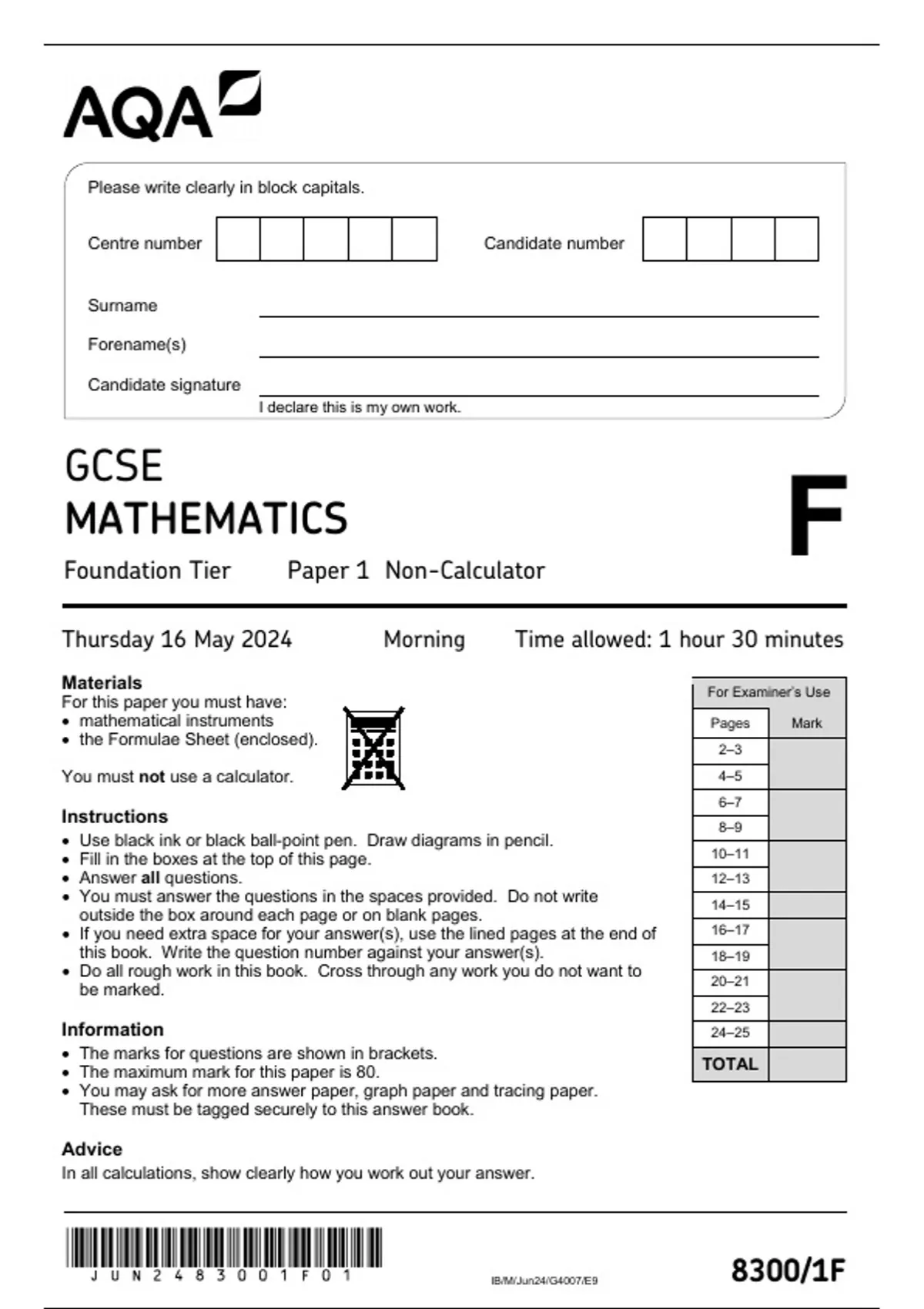 AQA GCSE MATHEMATICS PAPER 1F QUESTION PAPER AND MARK SCHEME 2024 (8300 ...