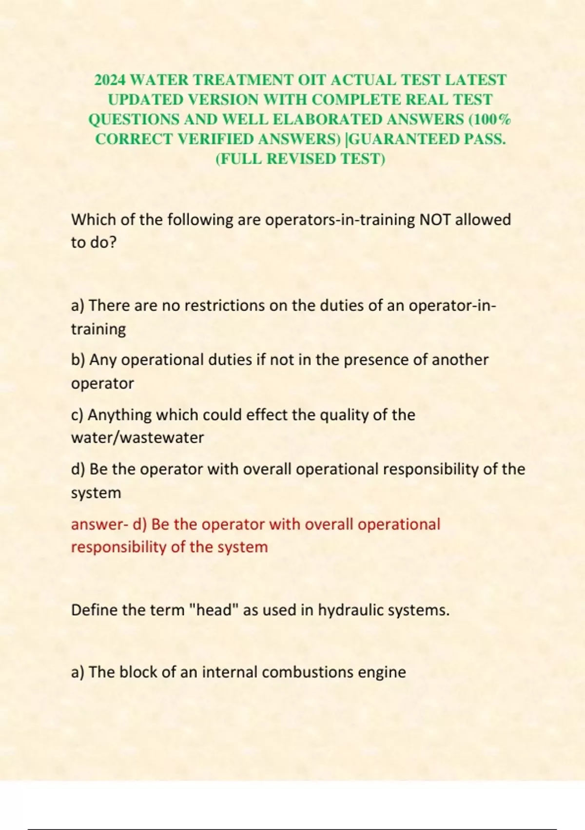 2024 WATER TREATMENT OIT ACTUAL TEST LATEST UPDATED VERSION WITH ...