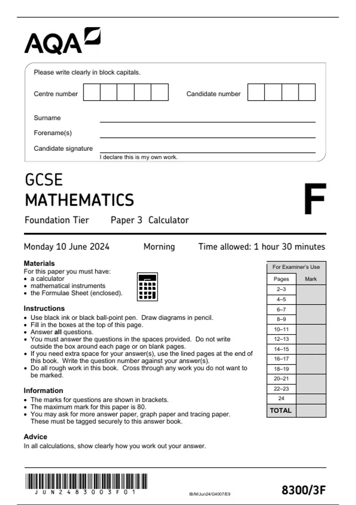 AQA GCSE MATHEMATICS PAPER 3F QUESTION PAPER FOUNDATION TIER 2024 ...