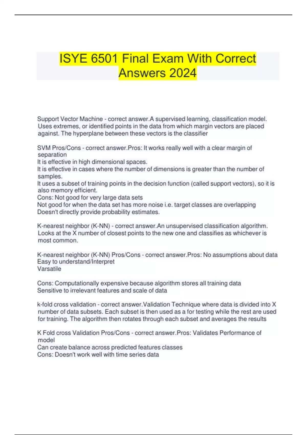 ISYE 6501 Final Exam With Correct Answers 2024 - ISYE 6501 - Stuvia US