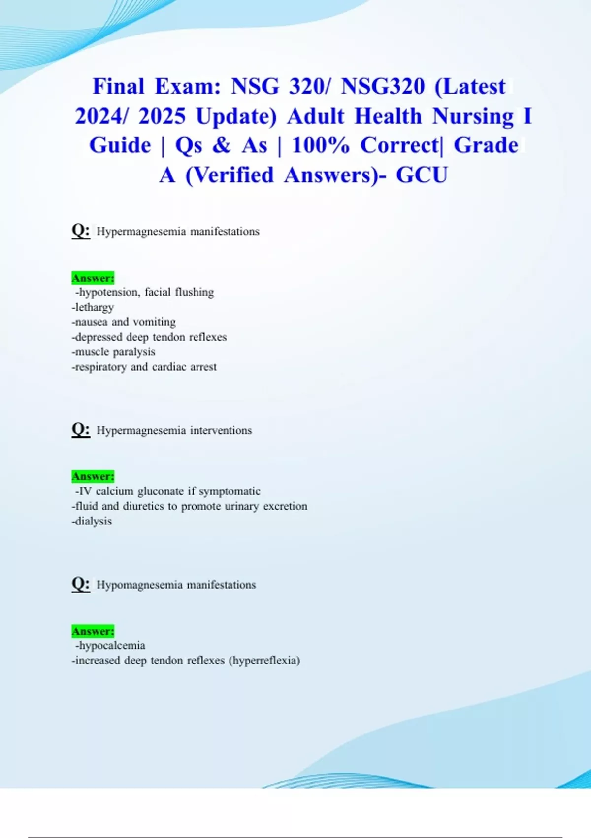 Final Exam: NSG 320/ NSG320 (Latest 2024/ 2025 Update) Adult Health ...