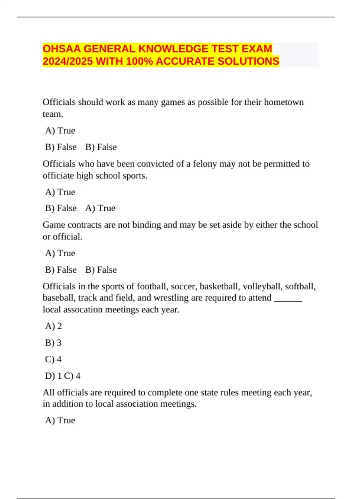 OHSAA GENERAL KNOWLEDGE TEST EXAM 2024/2025 WITH 100% ACCURATE ...