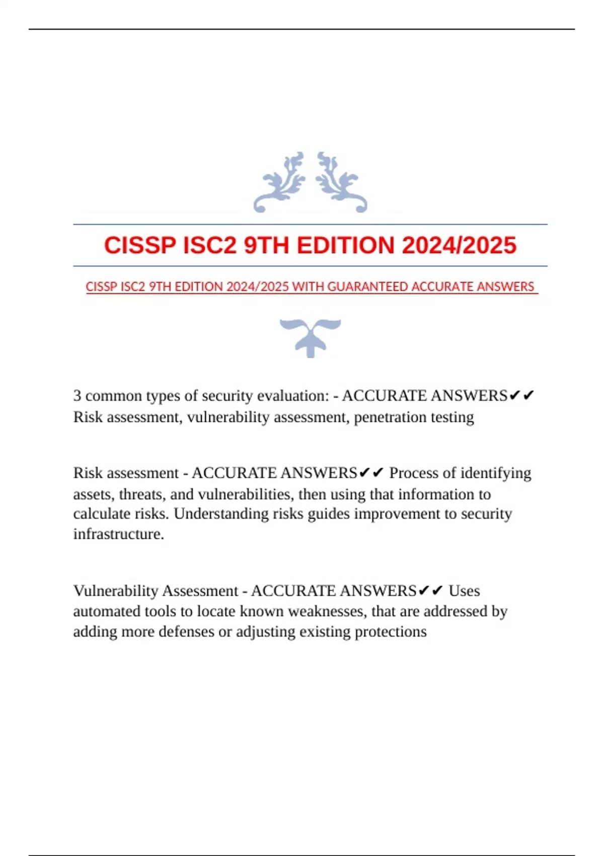 CISSP ISC2 9TH EDITION 2024/2025 WITH GUARANTEED ACCURATE ANSWERS ...