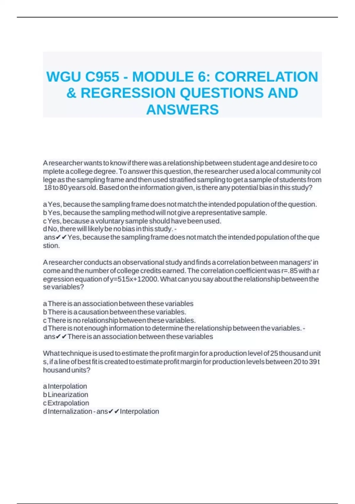 WGU C955 - MODULE 6: CORRELATION & REGRESSION QUESTIONS AND ANSWERS - WGU C955 - Stuvia US