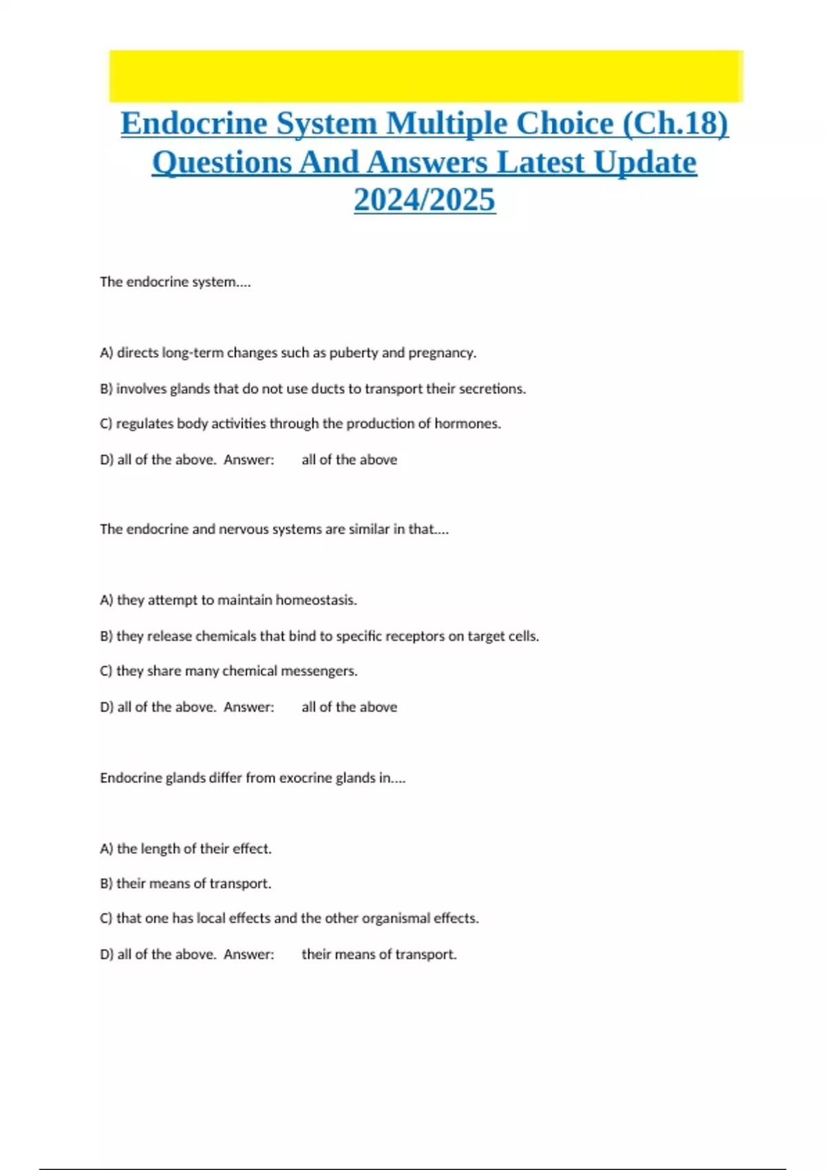 Endocrine System Multiple Choice (Ch.18) Questions And Answers Latest ...