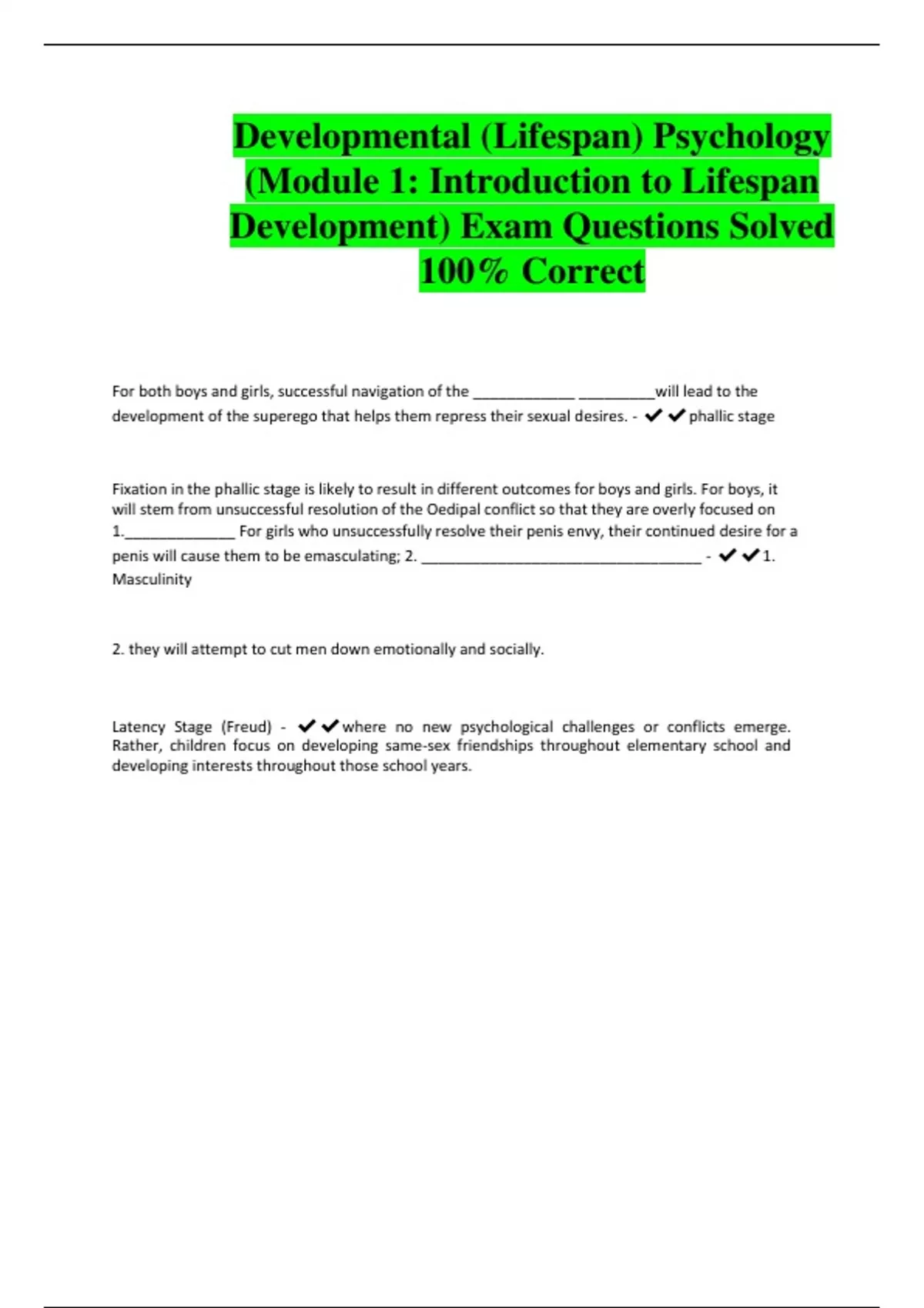 Developmental (Lifespan) Psychology (Module 1: Introduction to Lifespan Development) Exam ...