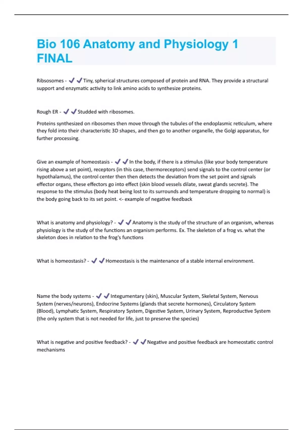 Bio 106 Anatomy and Physiology 1 FINAL Questions and Answers well ...