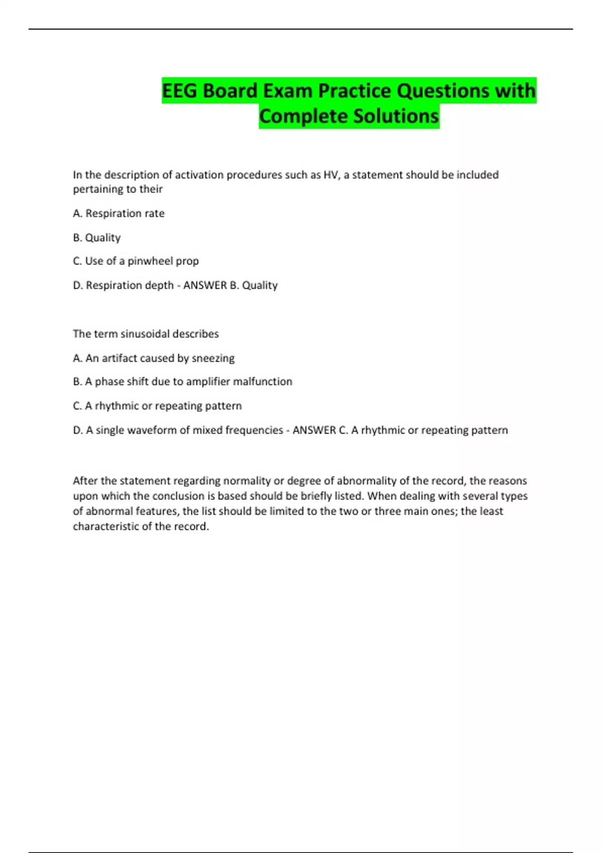 EEG Board Exam Practice Questions with Complete Solutions - EEG Board ...
