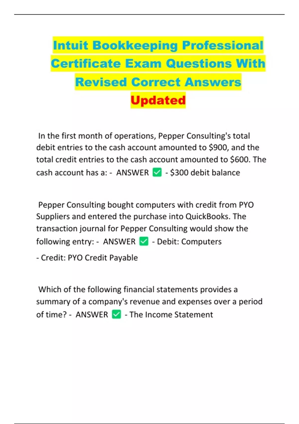 Intuit Bookkeeping Professional Certificate Exam Questions With Revised ...