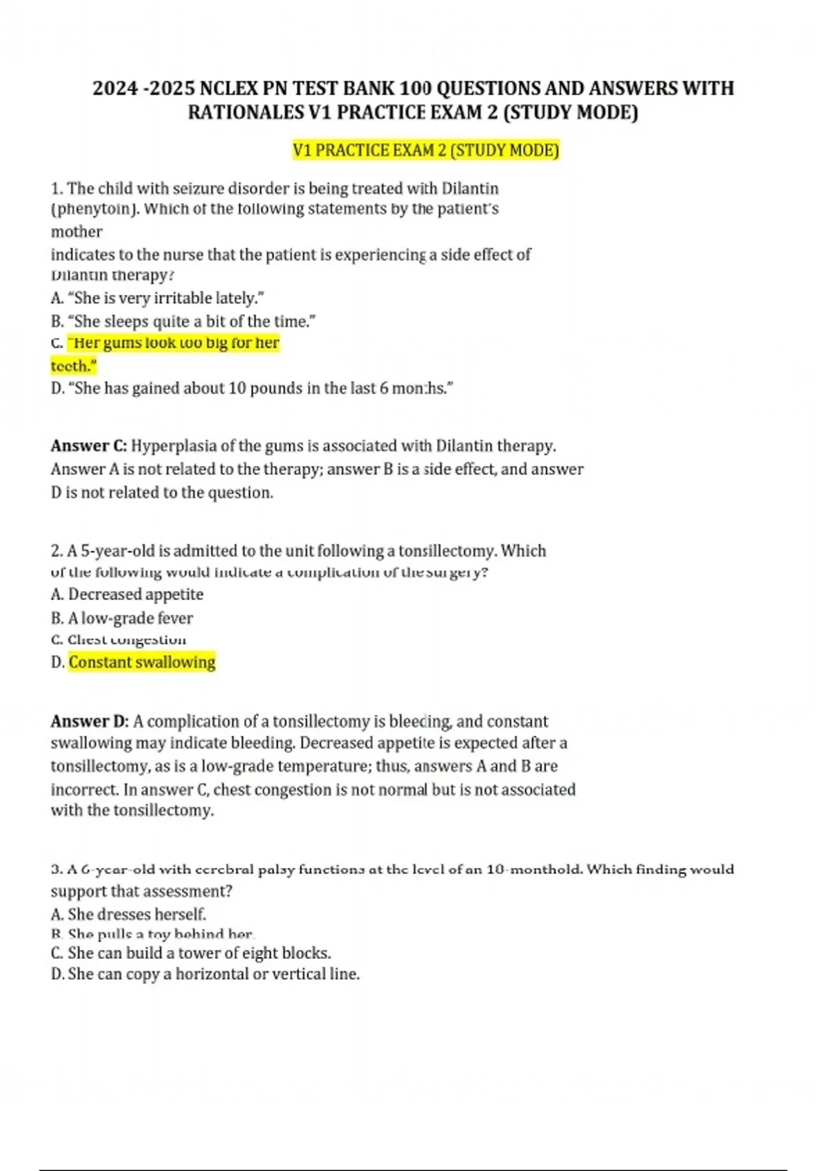 NCLEX PN TEST BANK 100 QUESTIONS AND ANSWERS WITH RATIONALES V1 ...