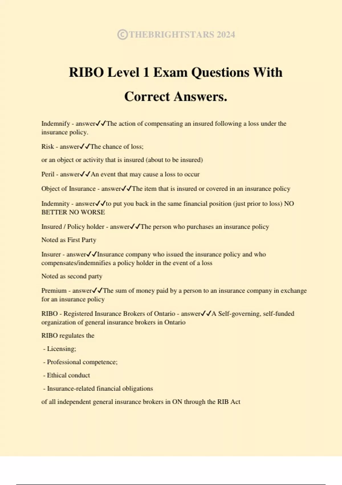 RIBO Level 1 Exam Questions With Correct Answers. - RIBO - Stuvia US