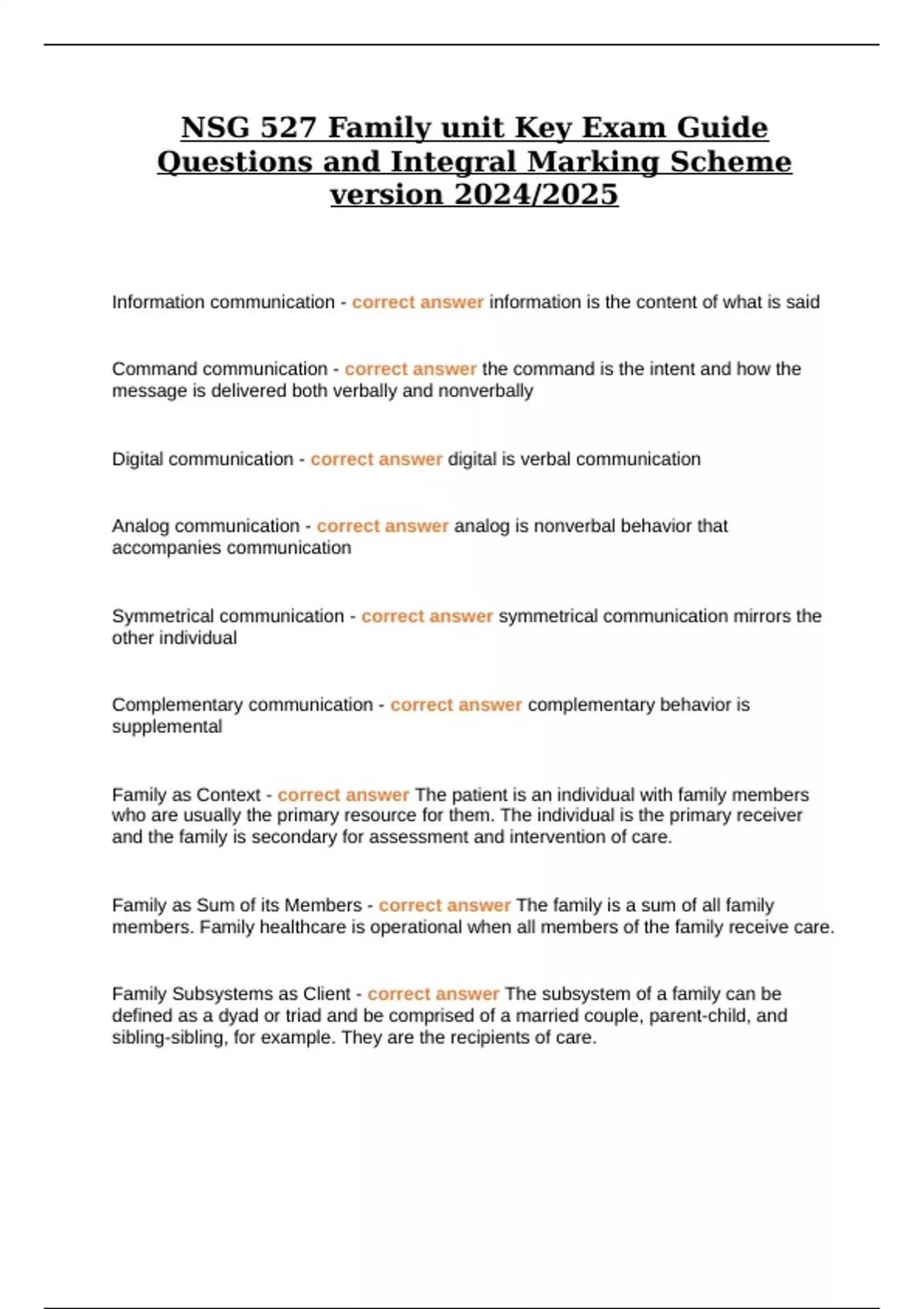 NSG 527 Family unit Key Exam Guide Questions and Integral Marking ...