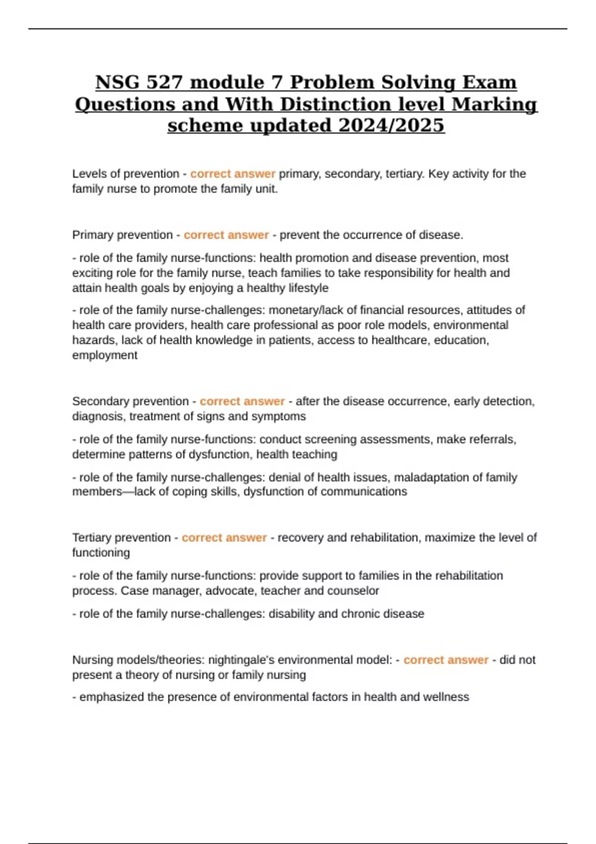 NSG 527 module 7 Problem Solving Exam Questions and With Distinction level Marking scheme ...