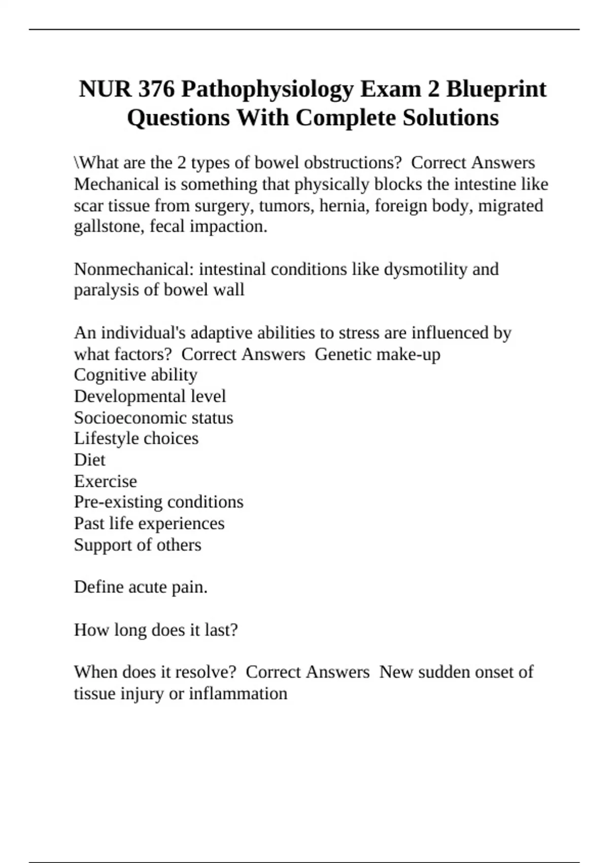 NUR 376 Pathophysiology Exam 2 Blueprint Questions With Complete ...