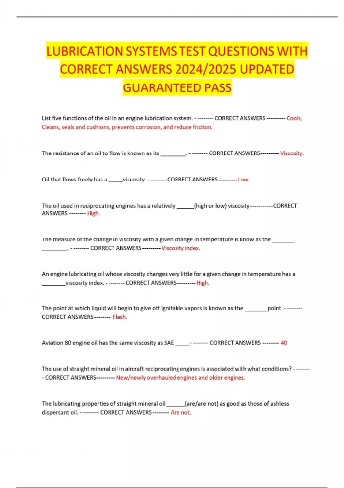 LUBRICATION SYSTEMS TEST QUESTIONS WITH CORRECT ANSWERS 2024/2025 ...