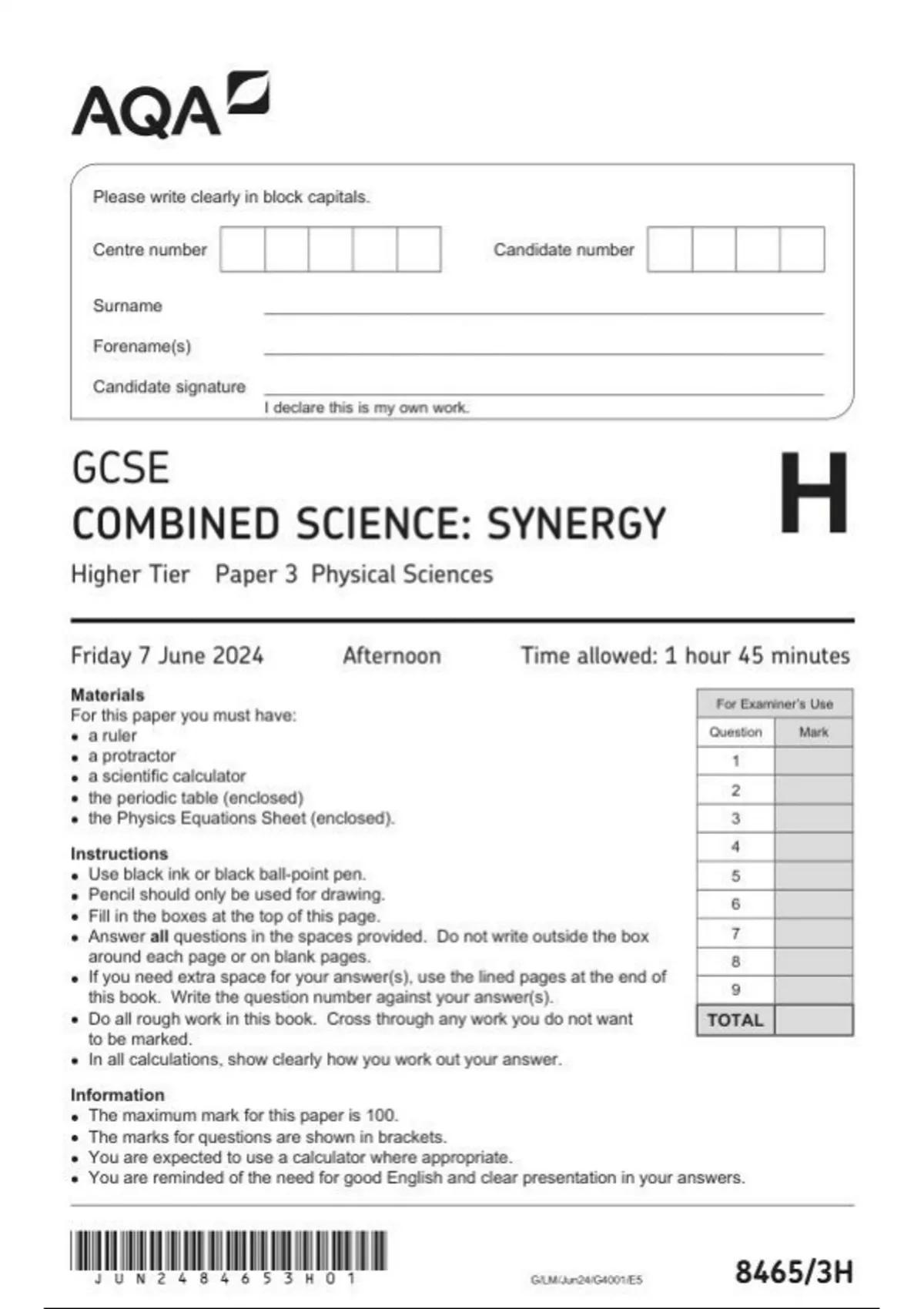 AQA GCSE Combined Science Synergy 8465 3H question paper ...