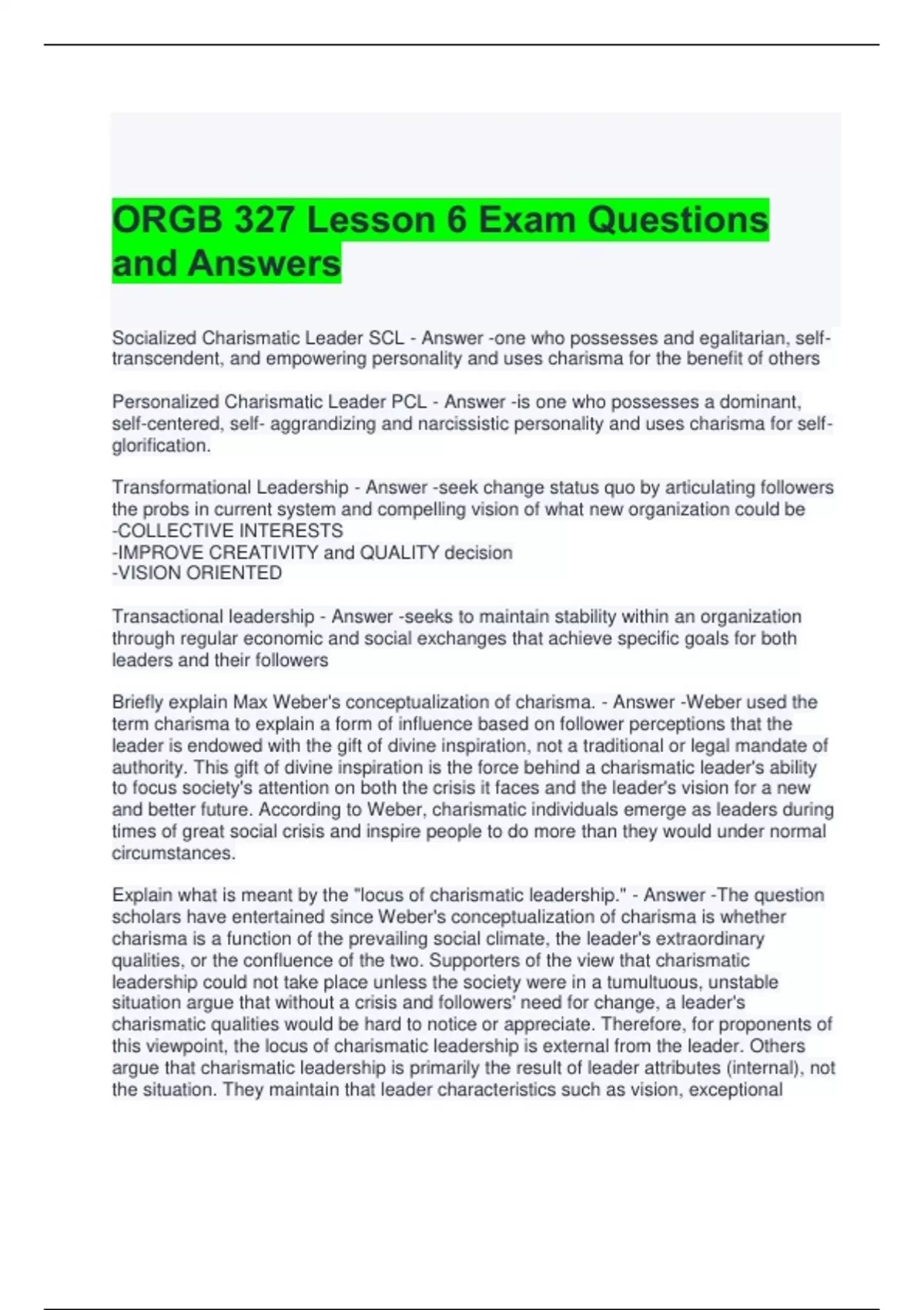 ORGB 327 Lesson 6 Exam Questions and Answers - ORGB - Stuvia US