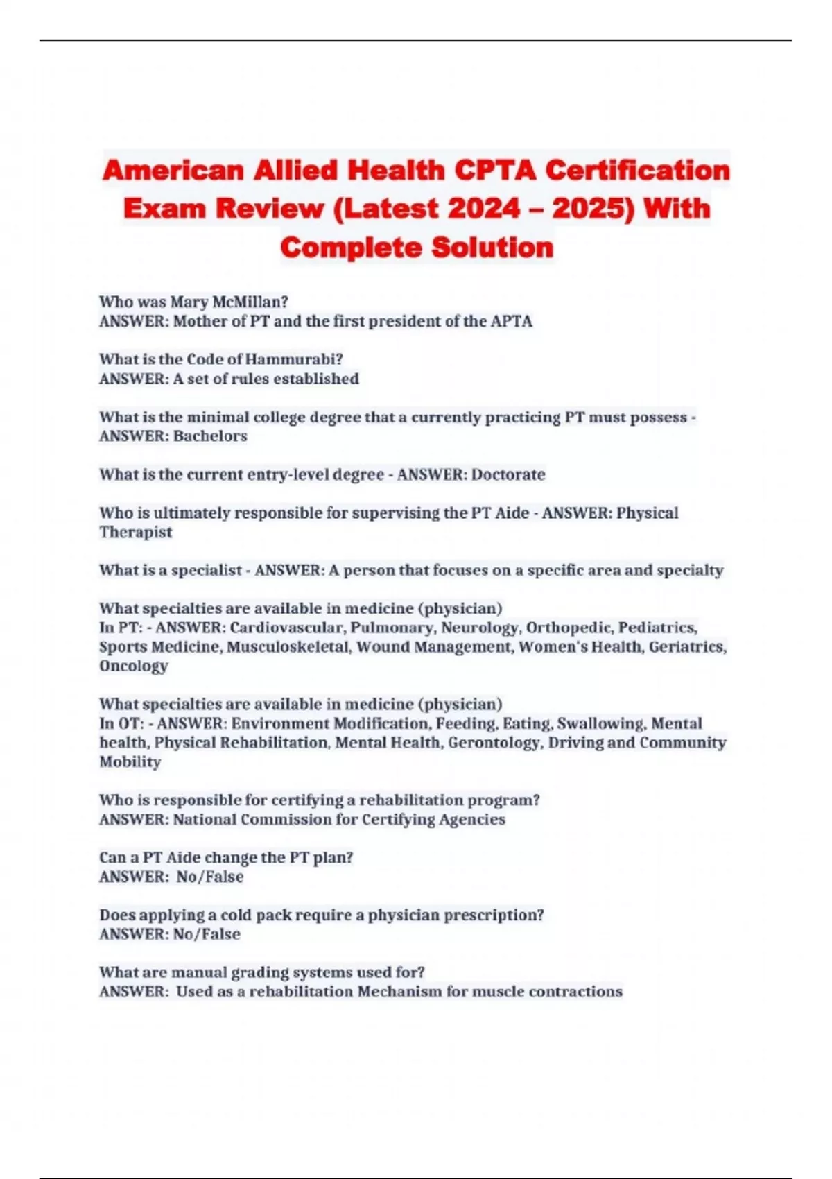 American Allied Health CPTA Certification Exam Review (Latest 2024 ...