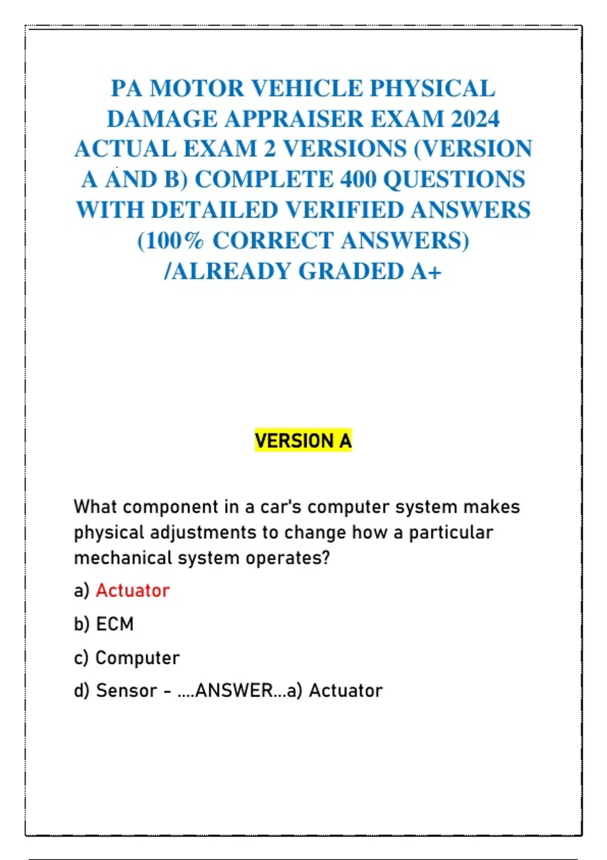 PA MOTOR VEHICLE PHYSICAL DAMAGE APPRAISER EXAM 2024 ACTUAL EXAM 2 ...