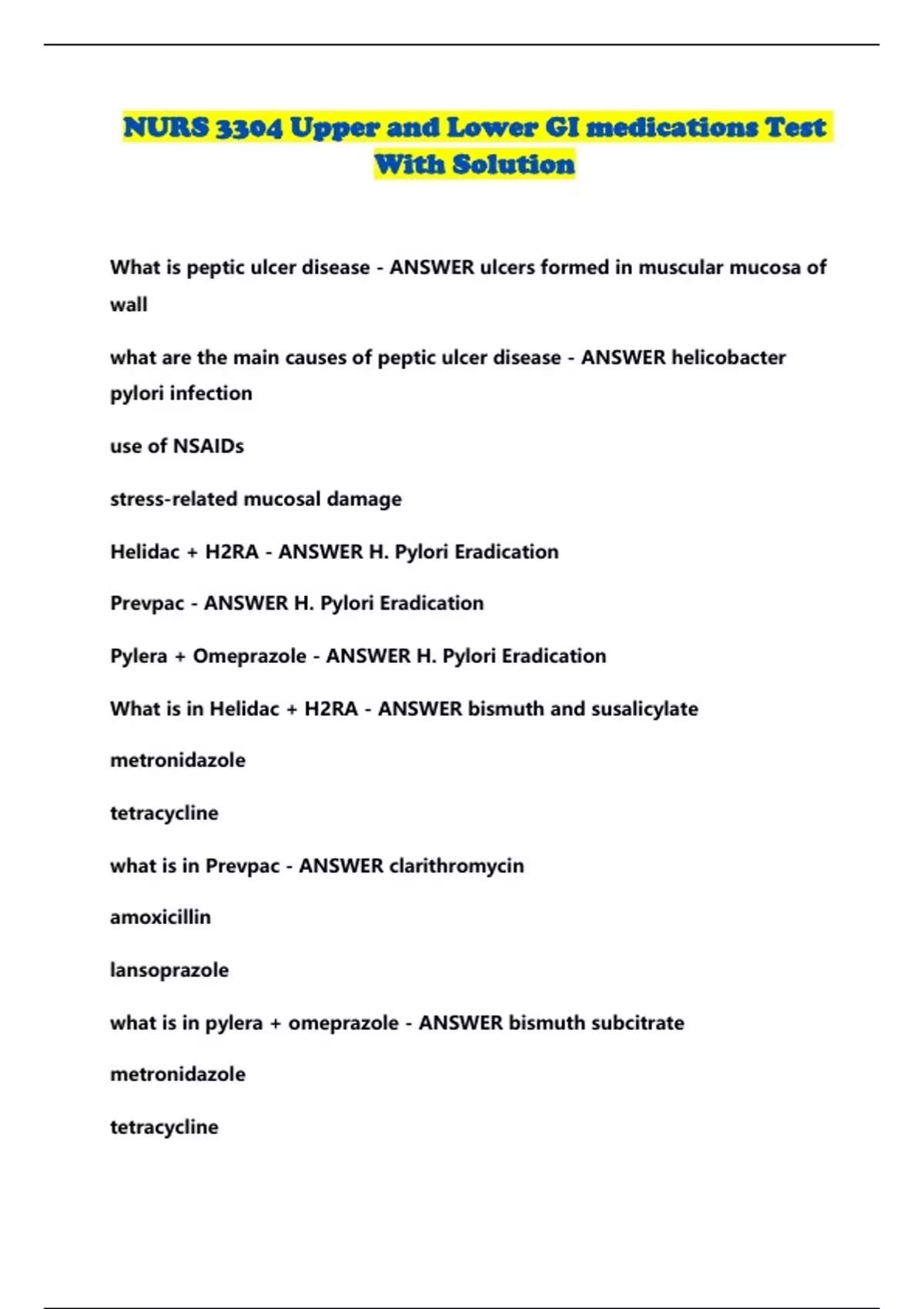 NURS 3304 Upper and Lower GI medications Test With Solution - NURS 3304 ...
