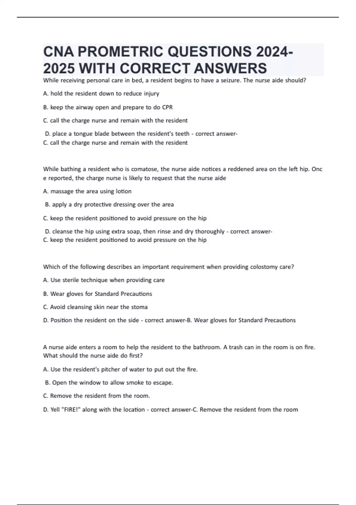 CNA PROMETRIC QUESTIONS WITH CORRECT ANSWERS - CLC - Stuvia US