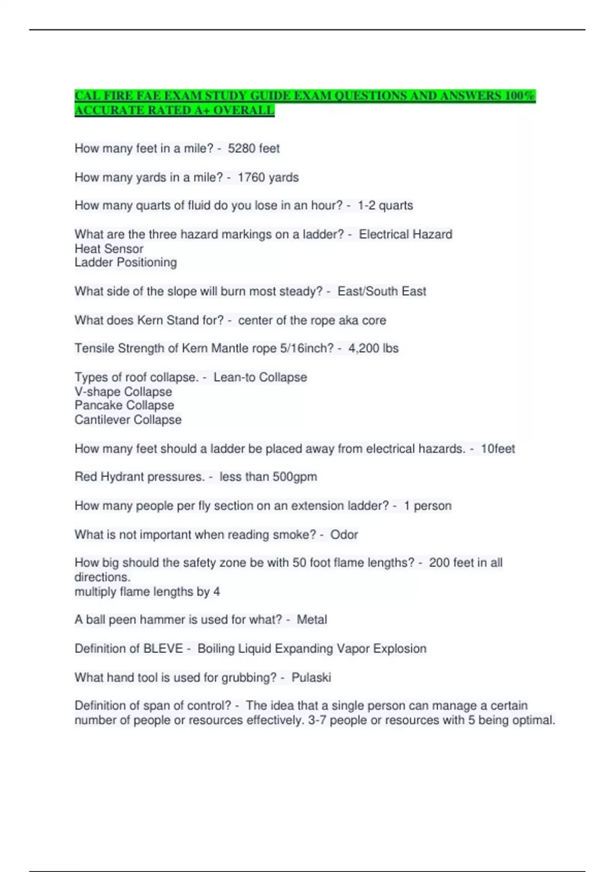 CAL FIRE FAE EXAM STUDY GUIDE EXAM QUESTIONS AND ANSWERS 100% ACCURATE ...