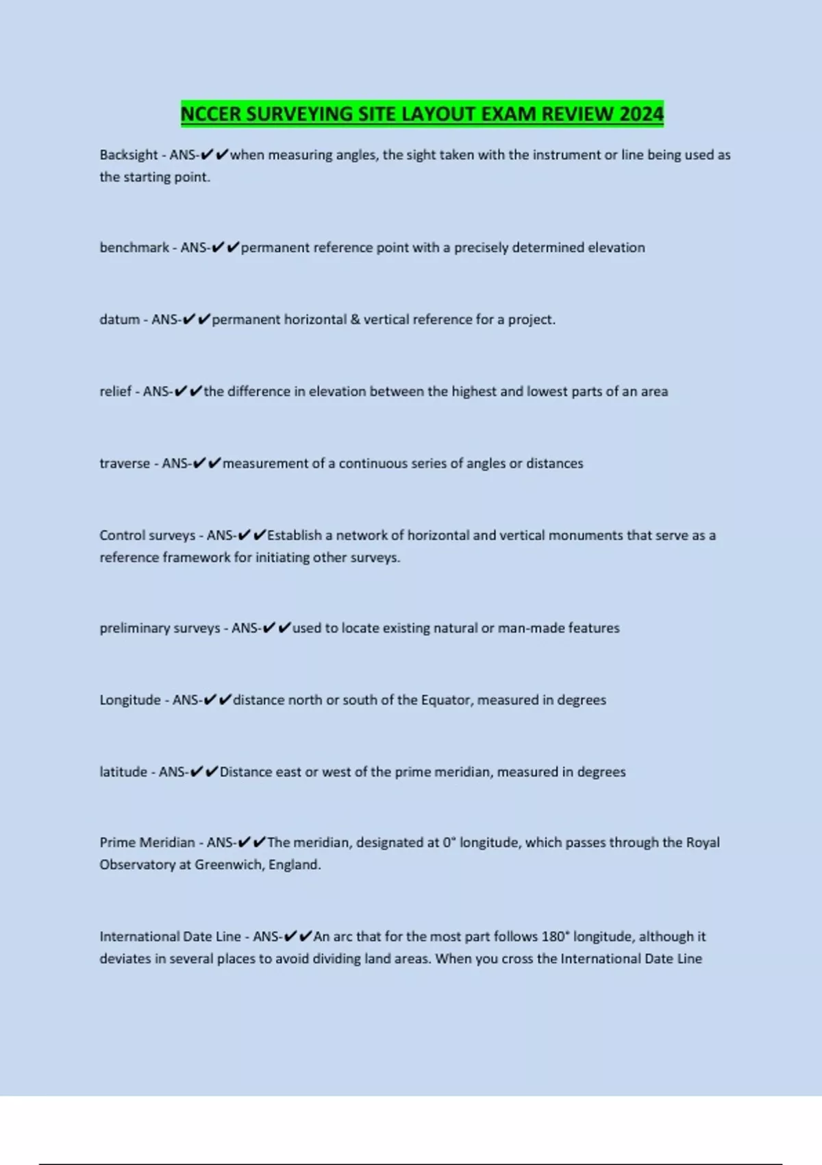 NCCER SURVEYING SITE LAYOUT EXAM REVIEW 2024 - NCCER SURVEYING SITE ...