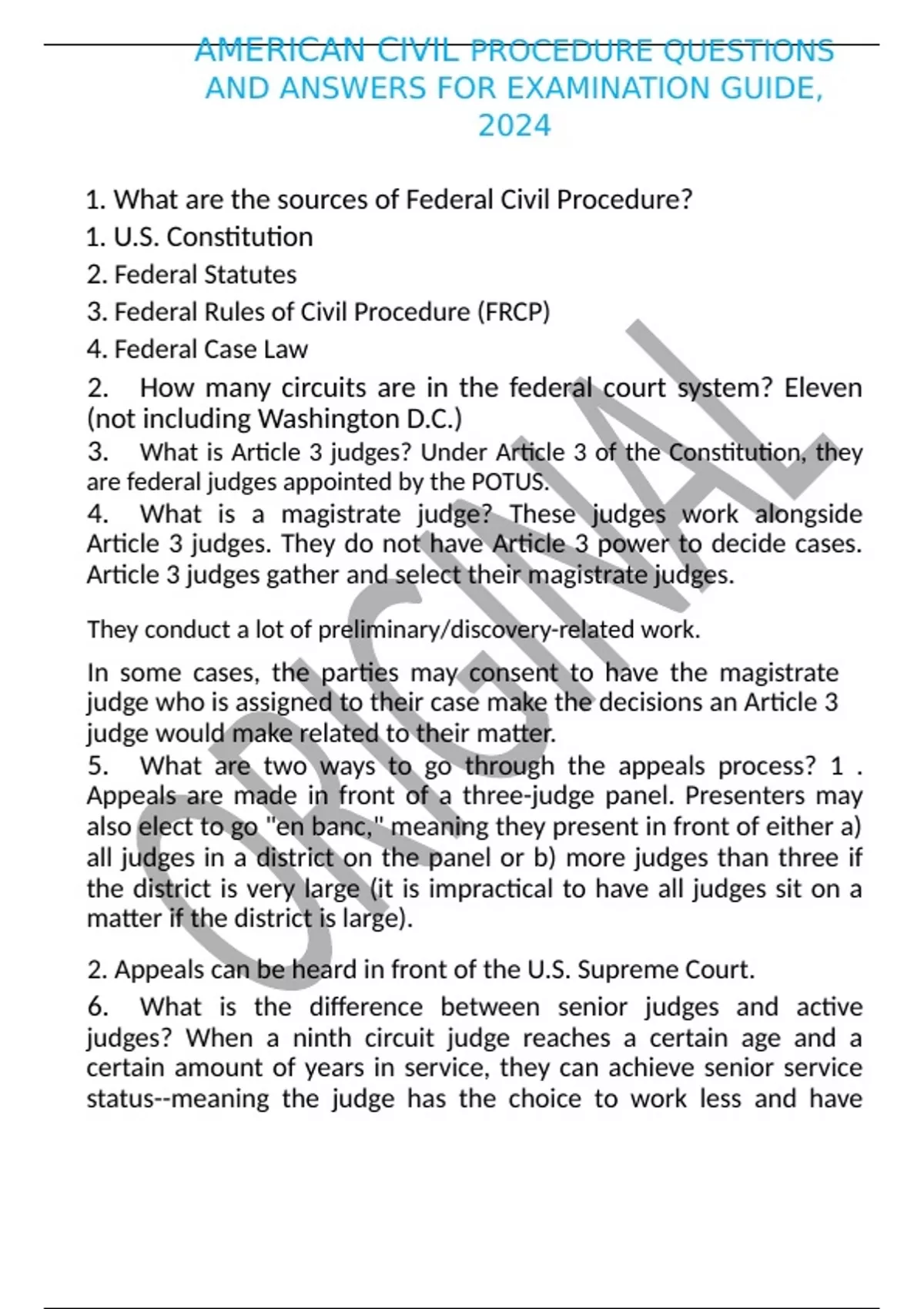 AMERICAN CIVIL PROCEDURE QUESTIONS AND ANSWERS FOR EXAMINATION GUIDE ...