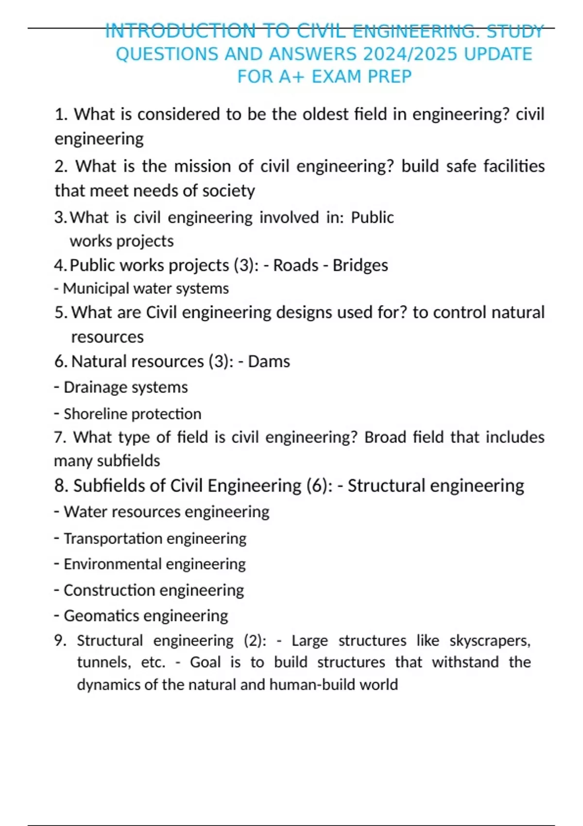 INTRODUCTION TO CIVIL ENGINEERING. STUDY QUESTIONS AND ANSWERS 2024/ ...