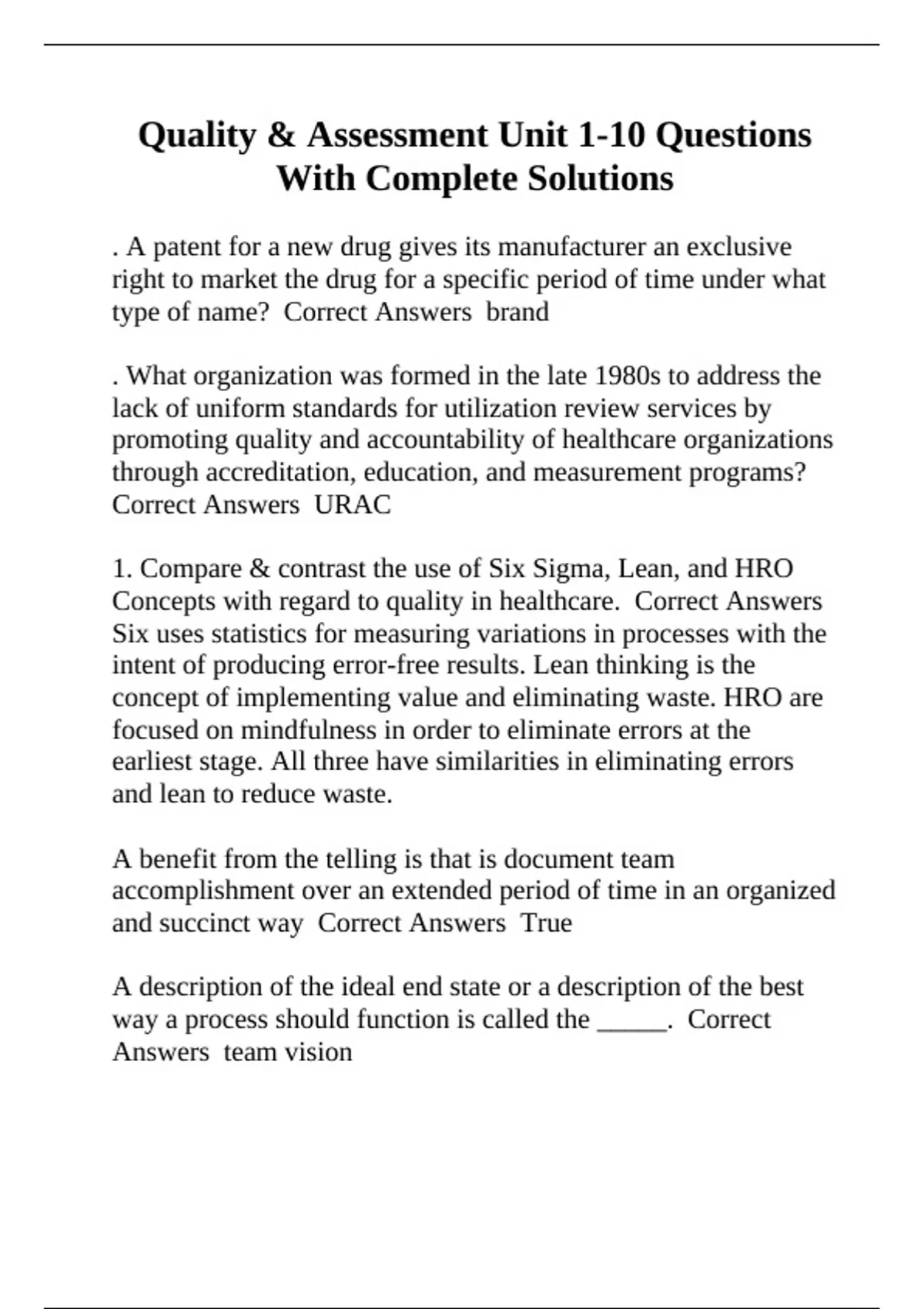 Quality & Assessment Unit 1-10 Questions With Complete Solutions ...