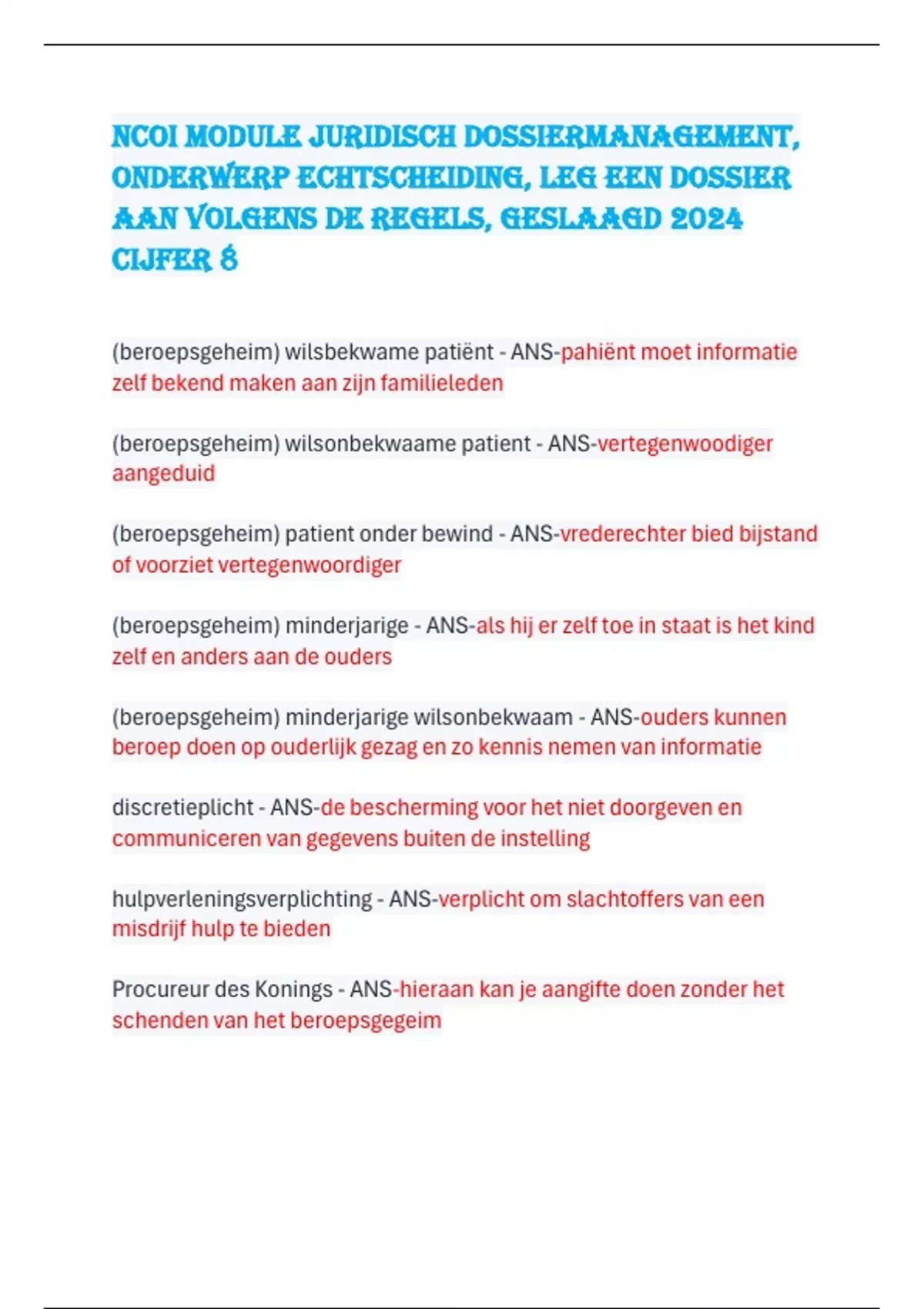 NCOI module Juridisch dossiermanagement, onderwerp Echtscheiding, leg ...