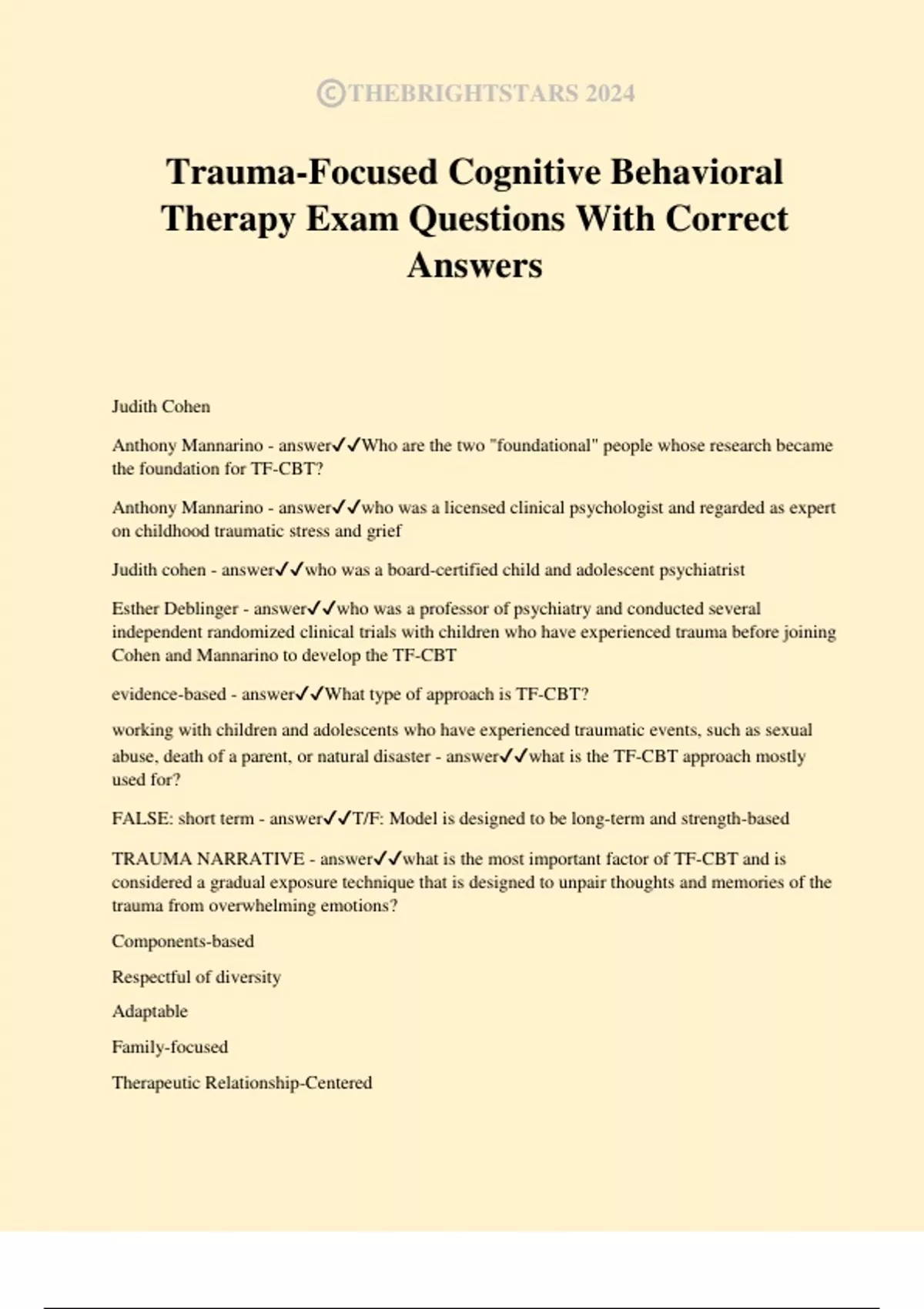 Trauma-Focused Cognitive Behavioral Therapy Exam Questions With Correct ...