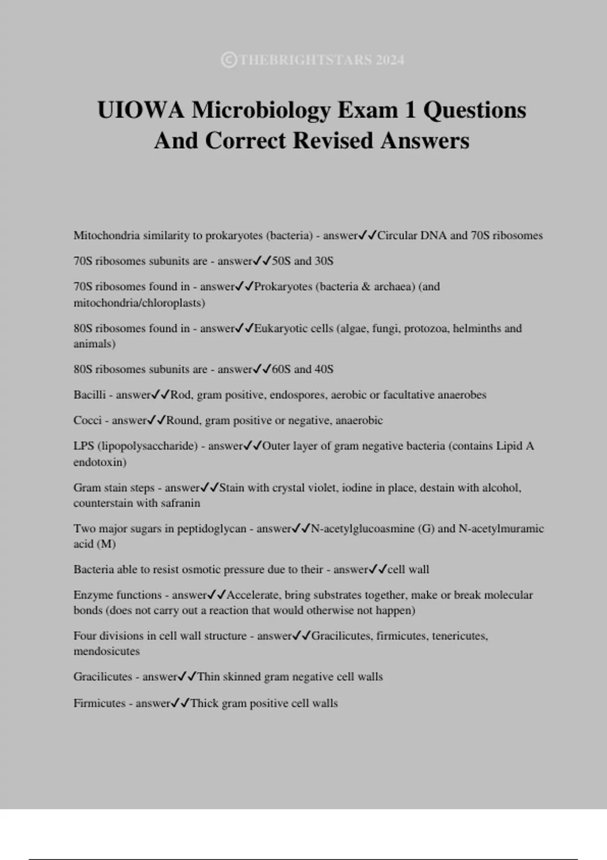 UIOWA Microbiology Exam 1 Questions And Correct Revised Answers - UIOWA ...