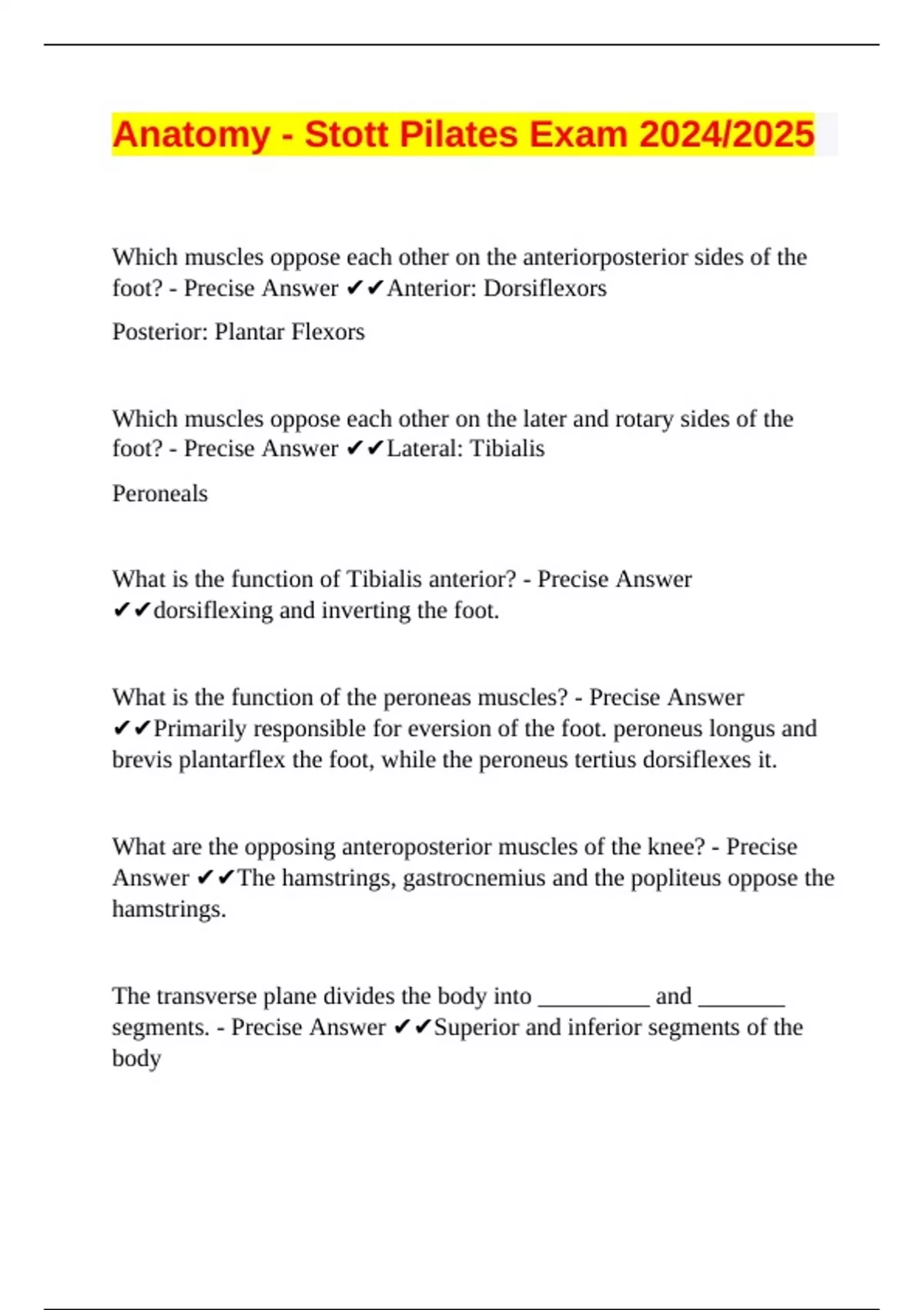 Anatomy - Stott Pilates Exam 2024/2025 - Anatomy - Stott Pilates ...