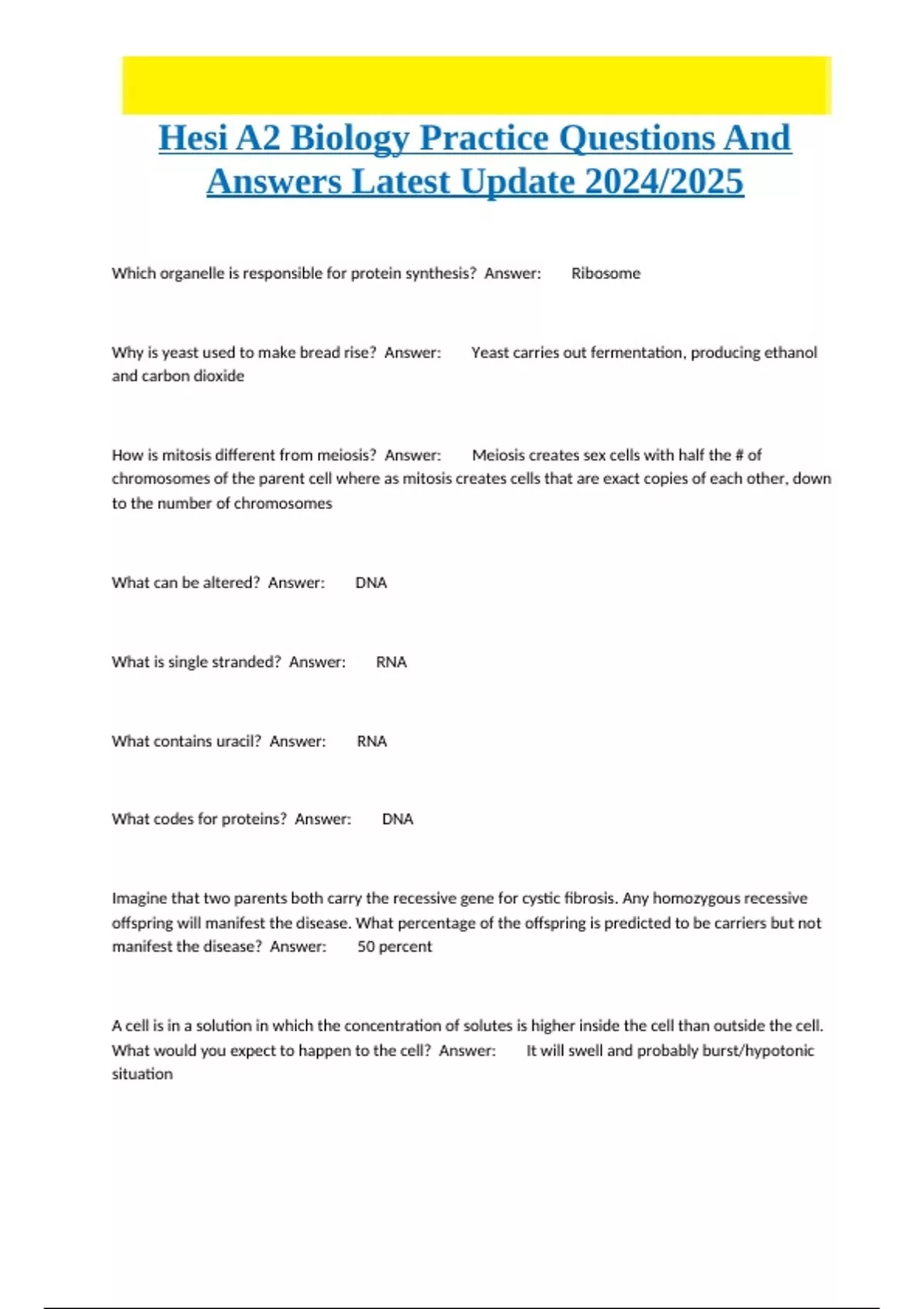 Hesi A2 Biology Practice Questions And Answers Latest Update 2024/2025 ...
