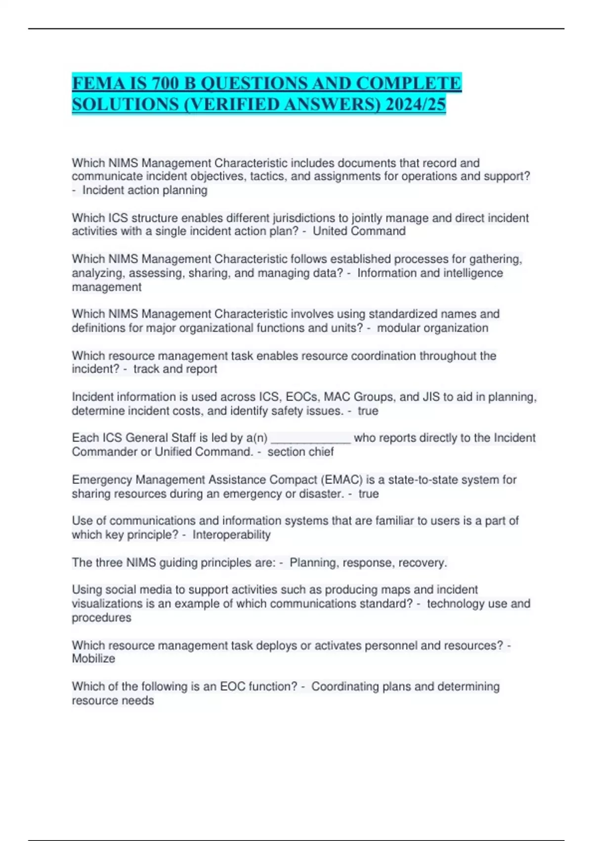 FEMA IS 700 B QUESTIONS AND COMPLETE SOLUTIONS (VERIFIED ANSWERS) 2024/25 - Nims 700 - Stuvia US