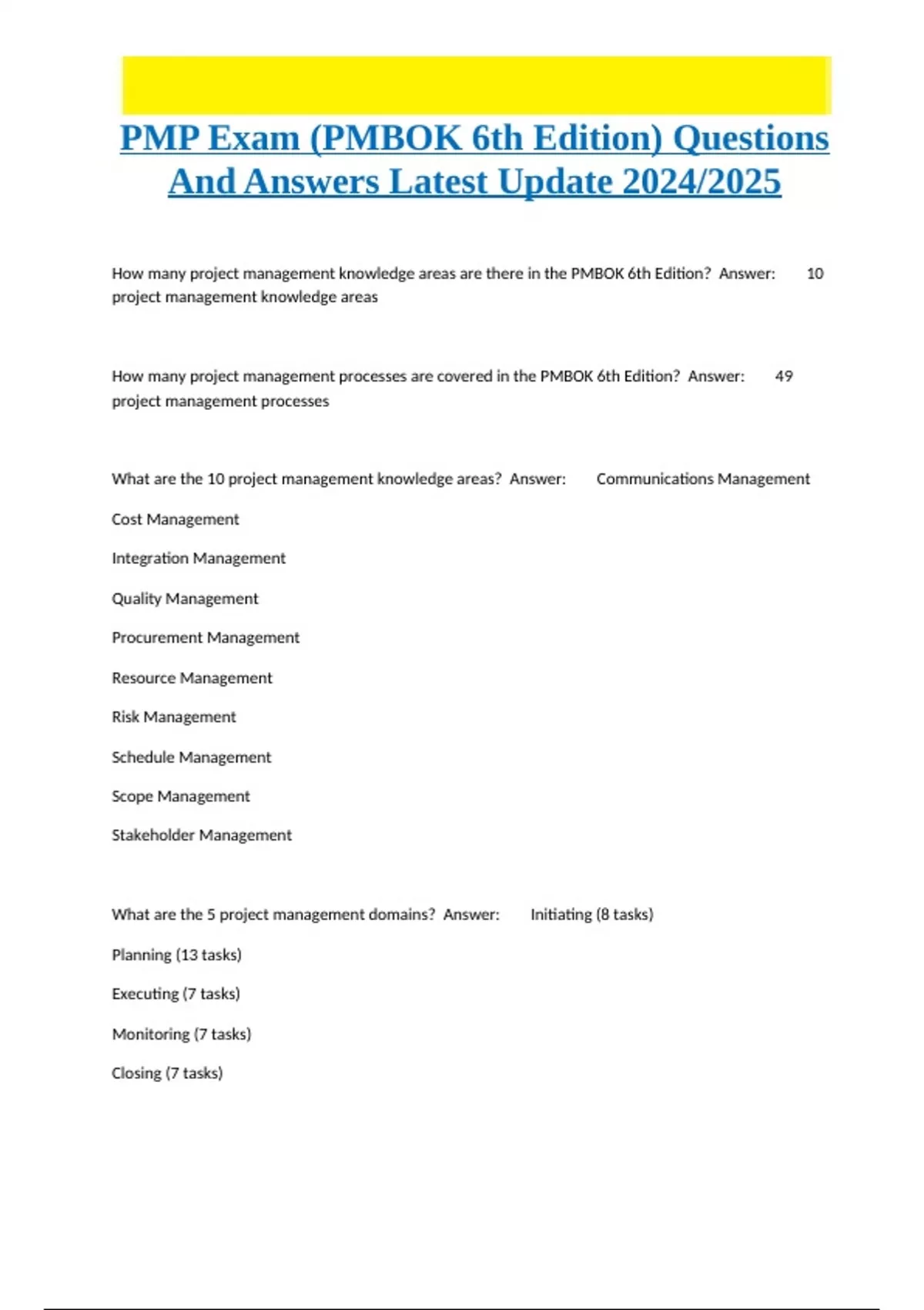 PMP Exam (PMBOK 6th Edition) Questions And Answers Latest Update 2024/ ...