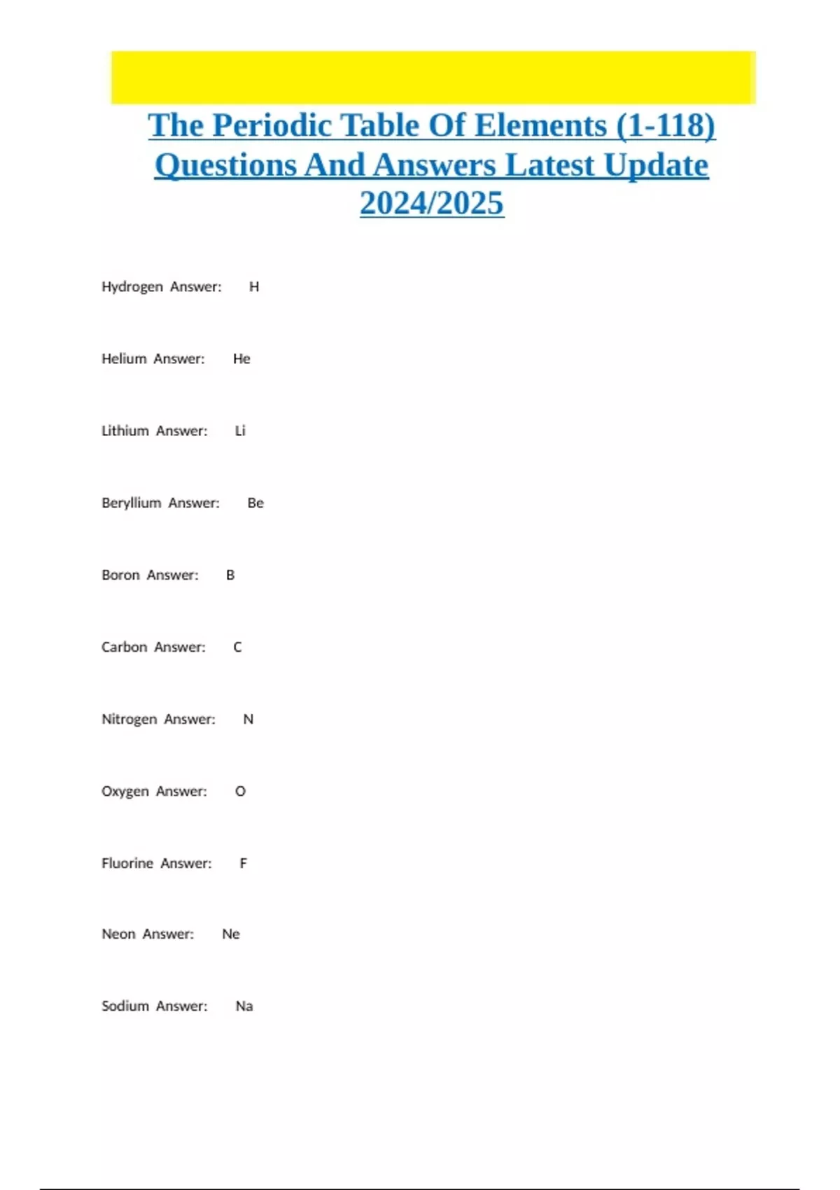The Periodic Table Of Elements (1-118) Questions And Answers Latest ...