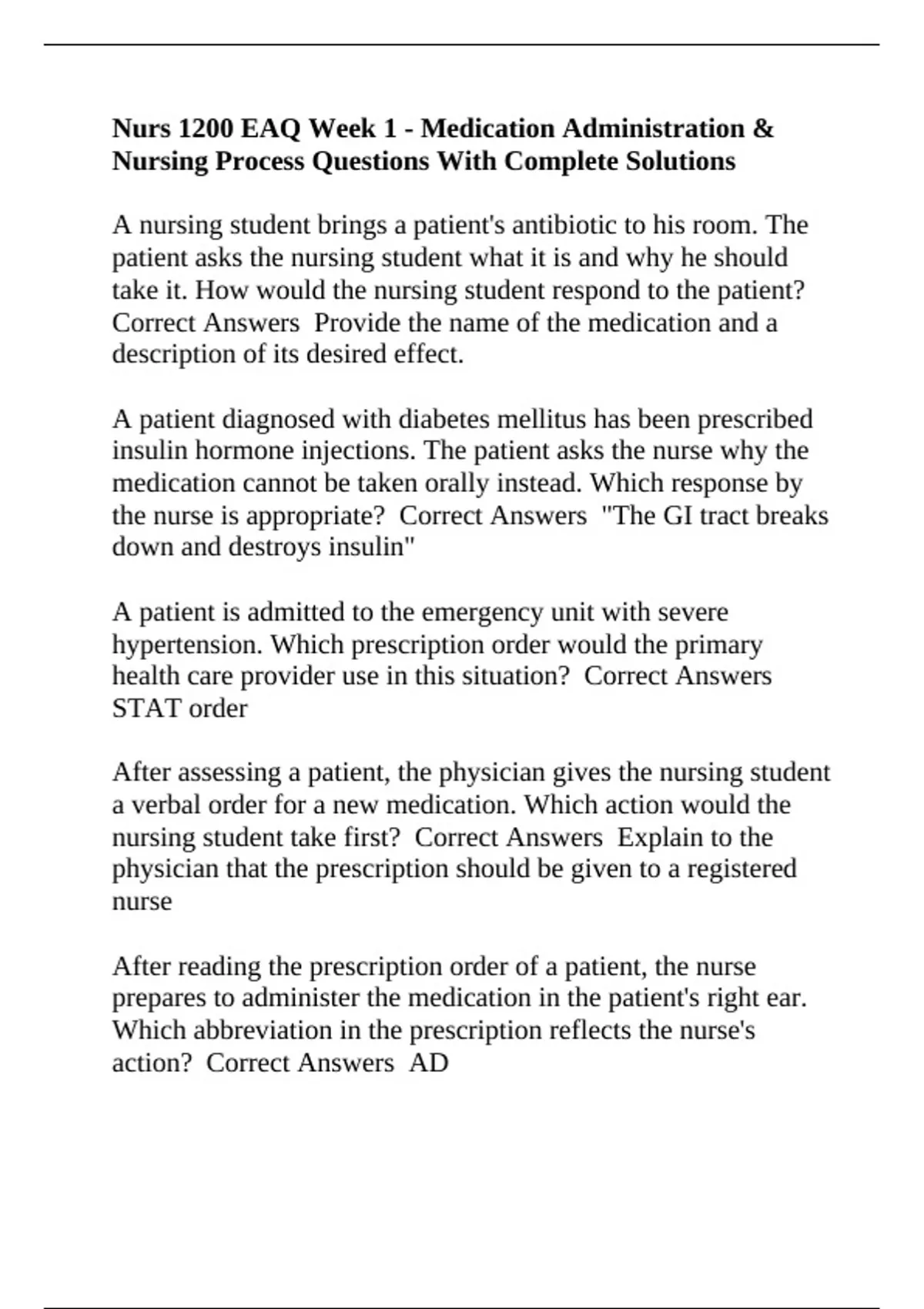 Nurs 1200 EAQ Week 1 - Medication Administration & Nursing Process ...