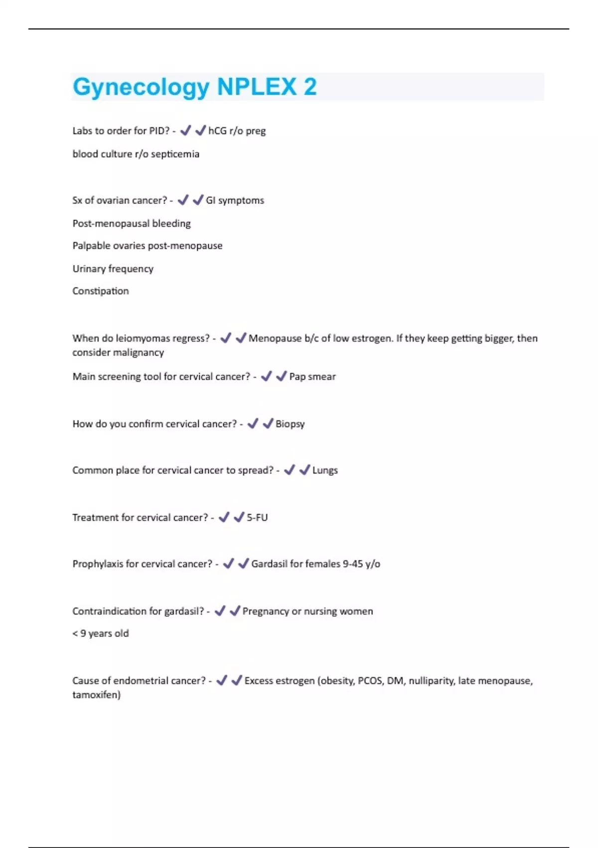 Gynecology NPLEX 2 Updated 2024/2025 Verified 100% - Gynecology NPLEX 2 ...